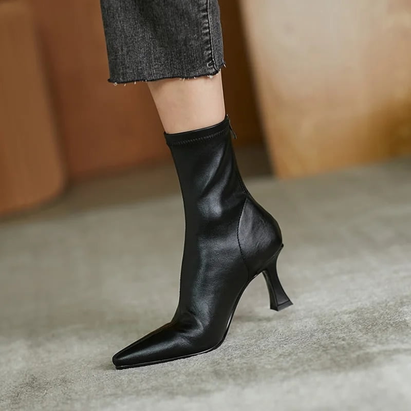 Women Pointy Brown Soft Leather Brown Elastic Boots Famele Stiletto ...