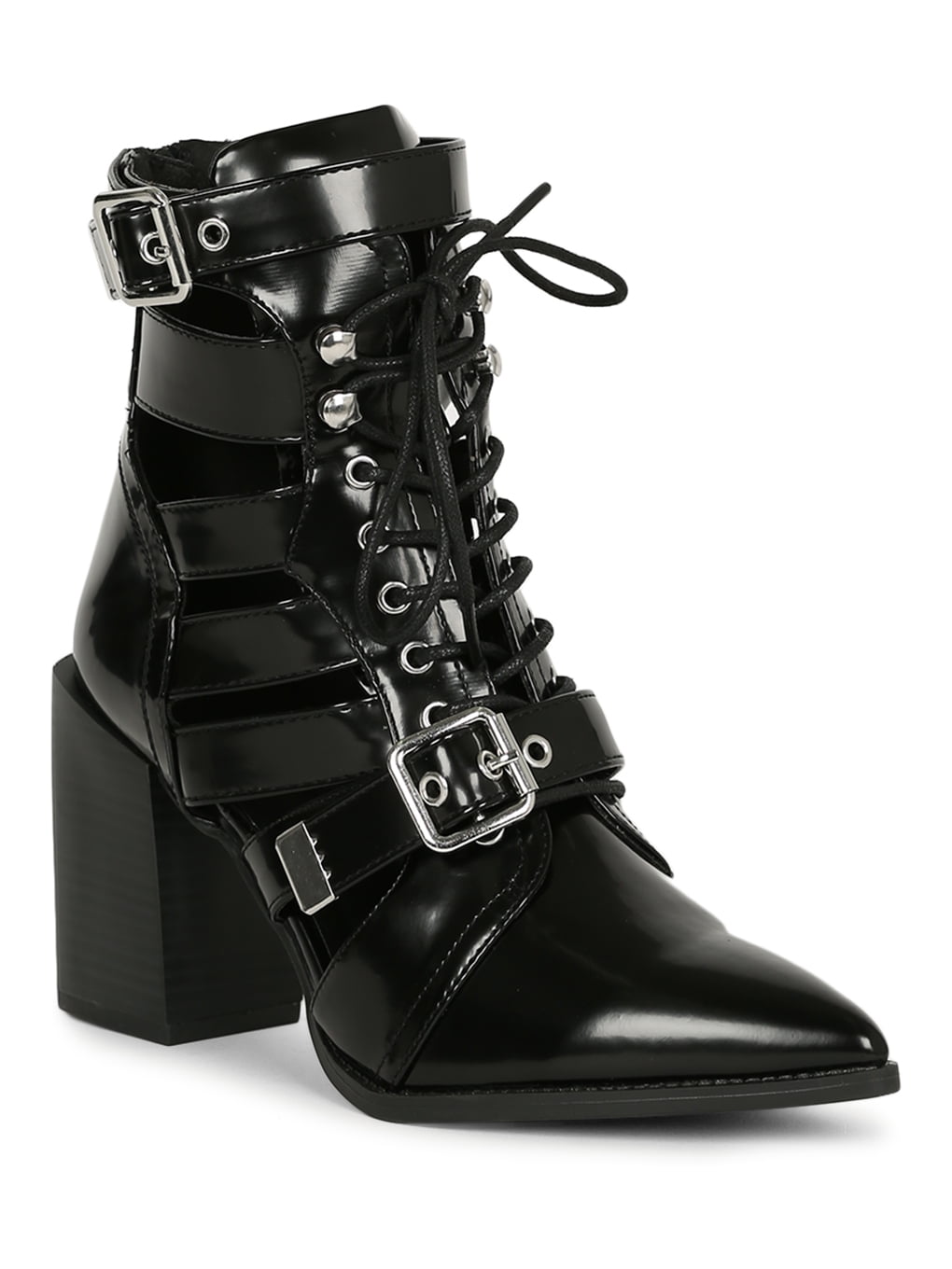 Women Pointy Toe Cutout Lace Up Buckled Chunky Booties 19451 - Walmart.com