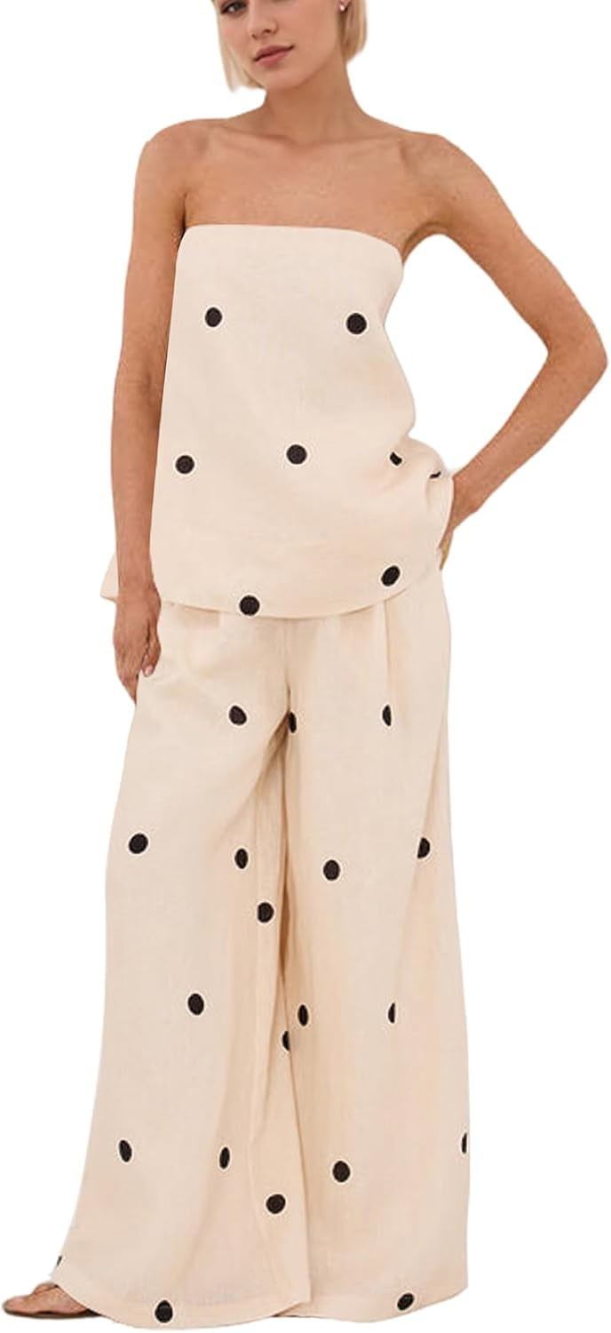 Women Polka Dot 2 Piece Outfits Spot Strapless Tube Top High Waist Wide ...