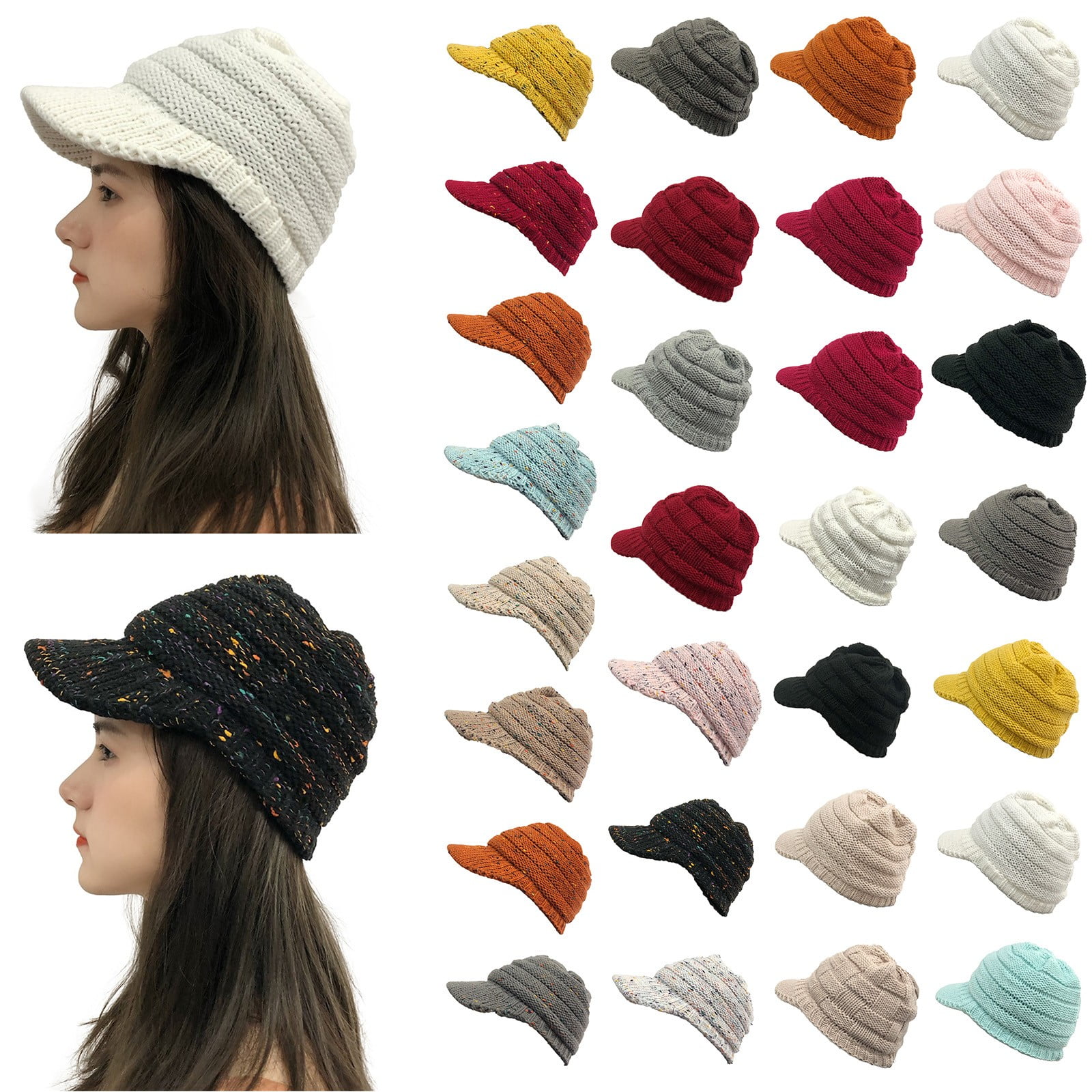 Women Ponytail Visor Beanie Cap Knitted Winter Warm Hat Messy High Bun ...