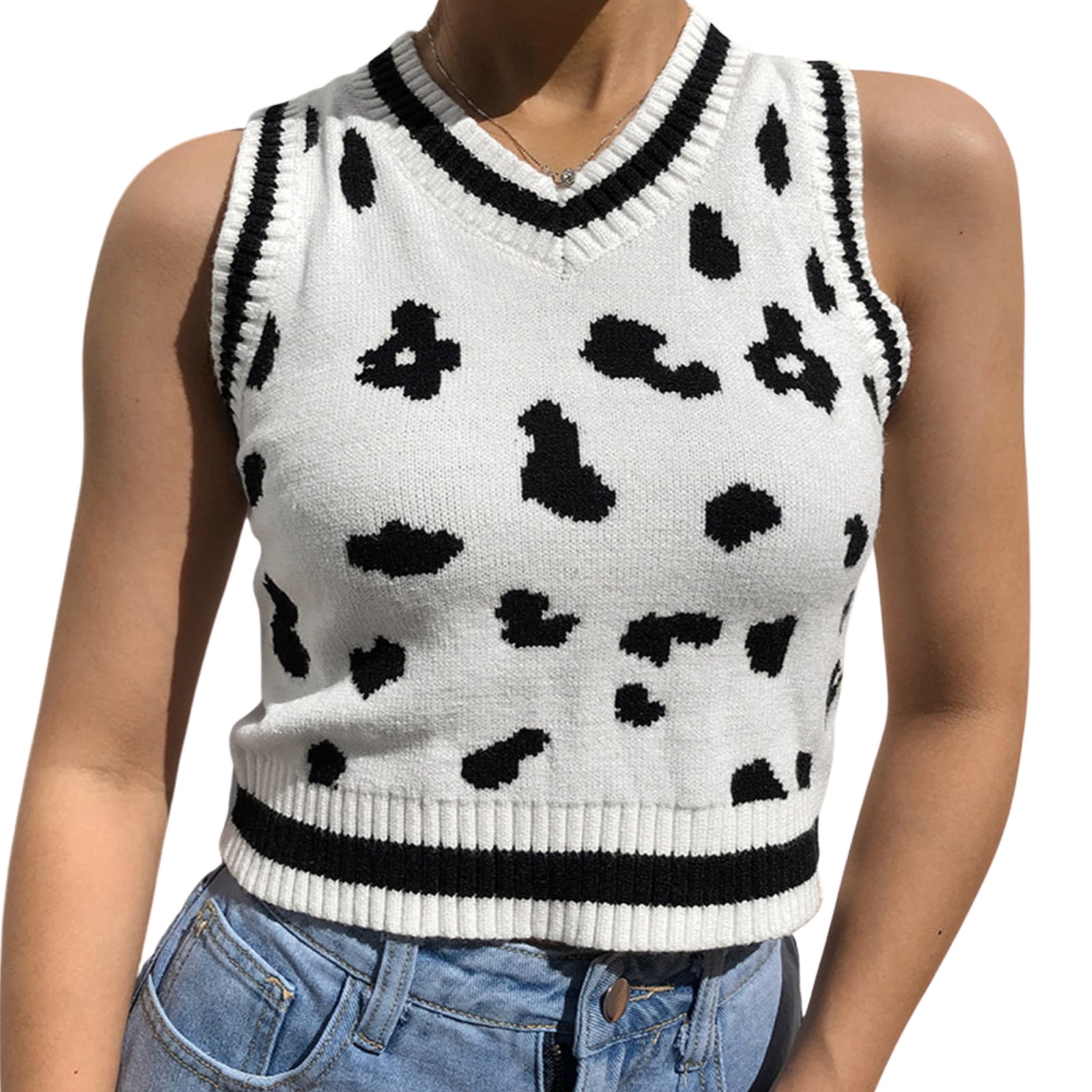 Women Preppy Style Knitwear Tank Top V Neck Argyle Plaid Knitted