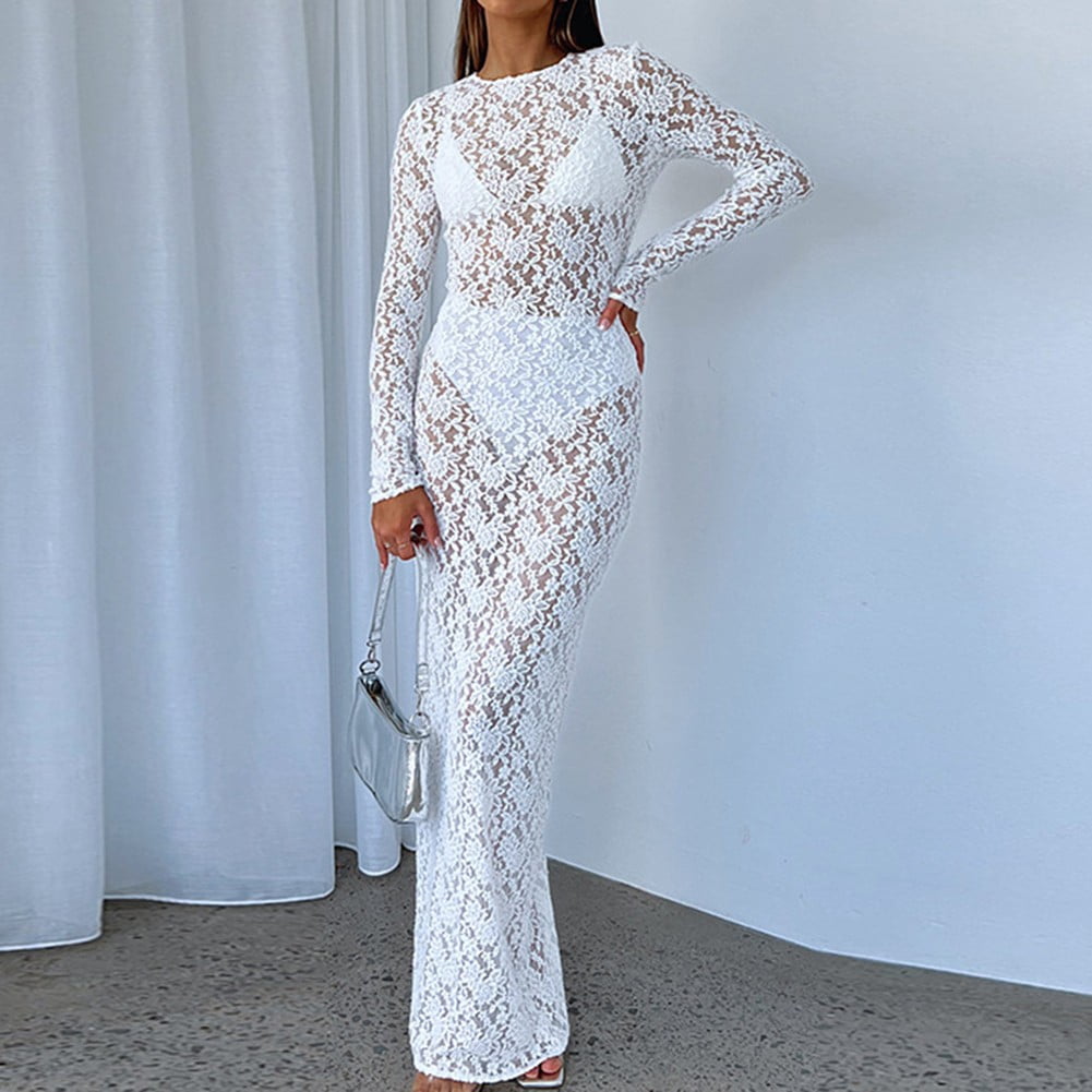Women Print Lace Long Sleeve Sexy Bodycon See Through Maxi Dress Party ...