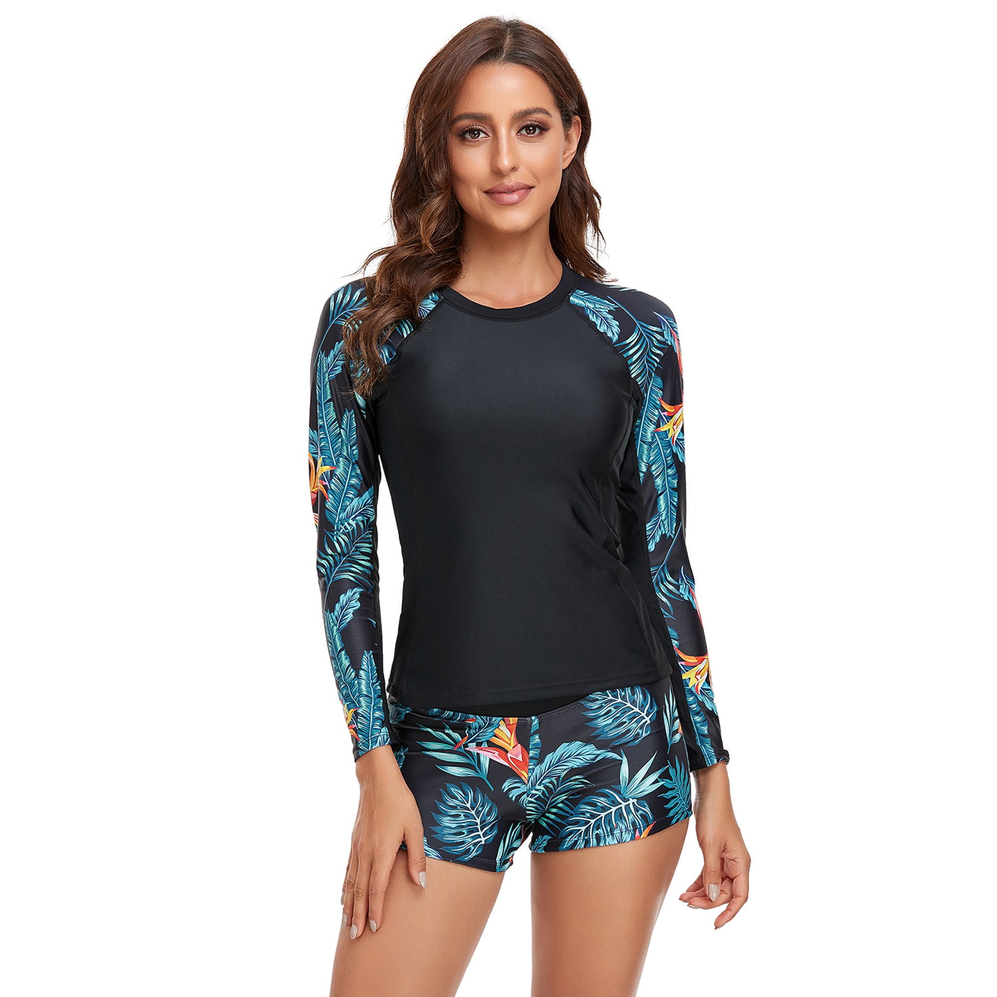 Women Print Surfing Swimsuits Long Sleeve Swimsuit Two Piece Bikini Set ...