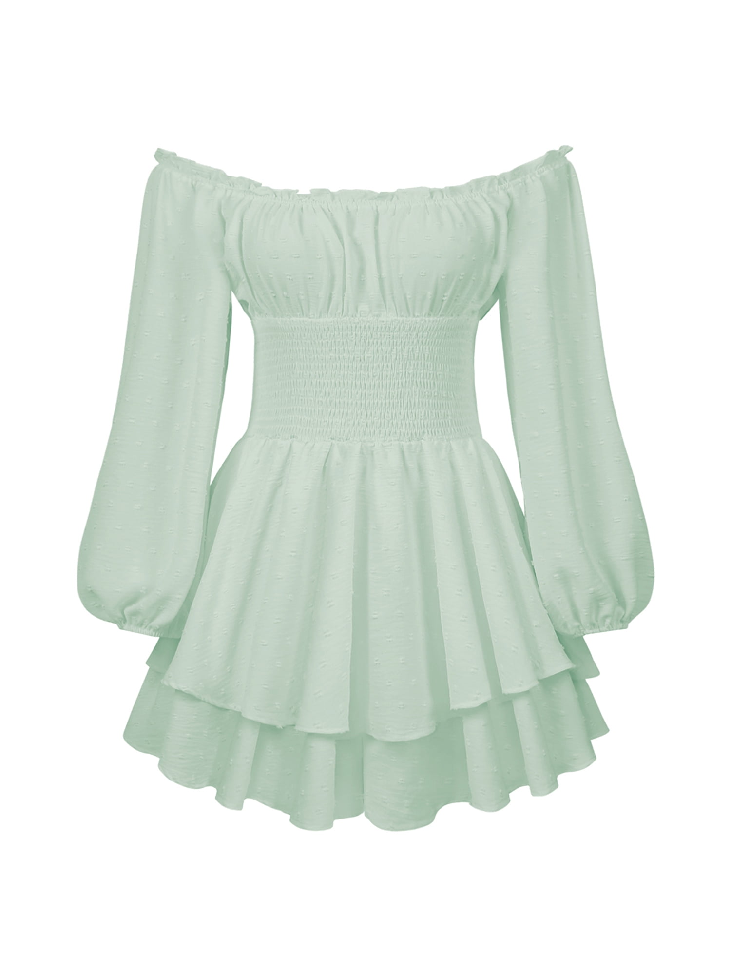 Women Puff Ruffle Dress Built-in Shorts Off Shoulder Long Sleeve ...