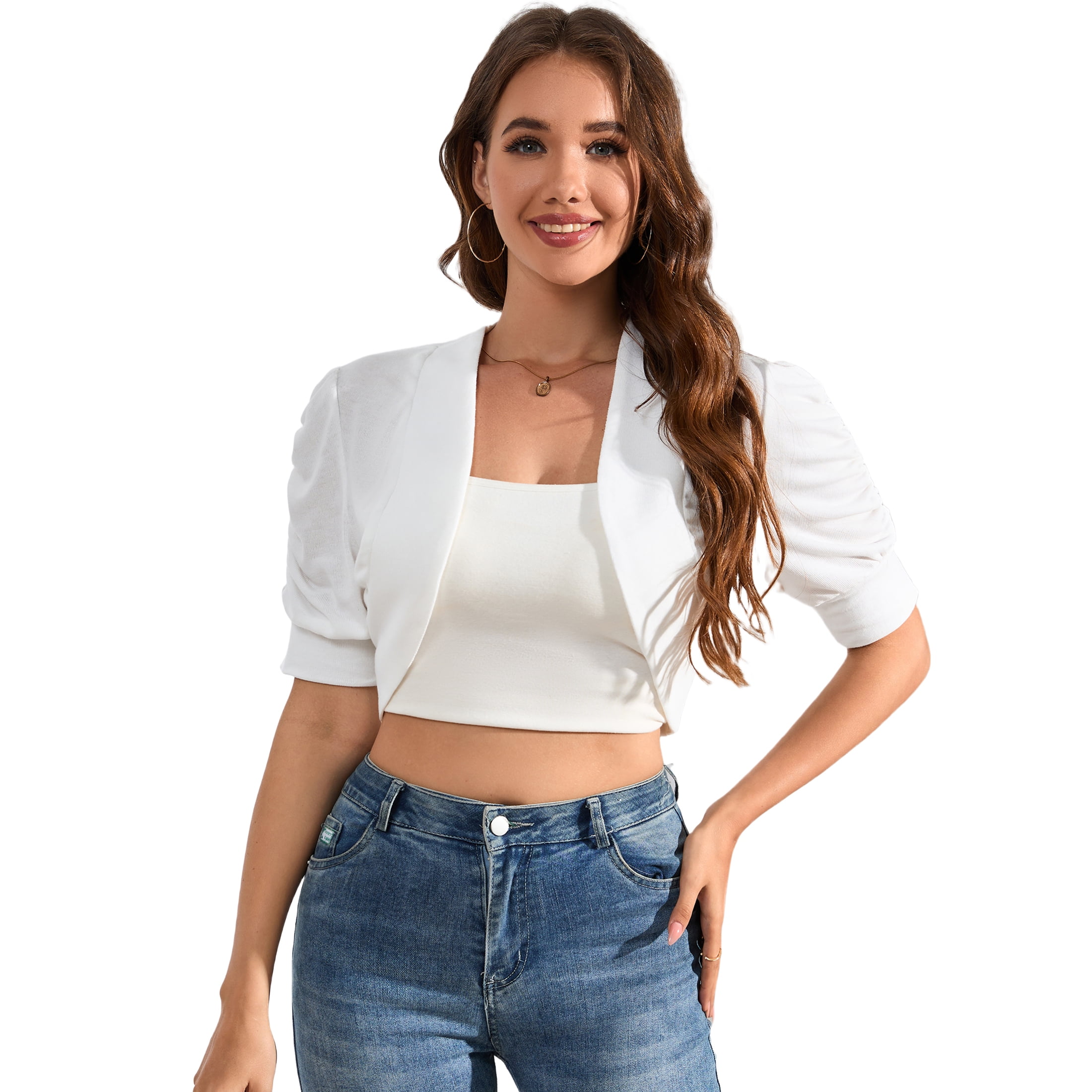 Women Puff Short Sleeve Bolero Shrug Summer Open Front Cropped Cardigan ...