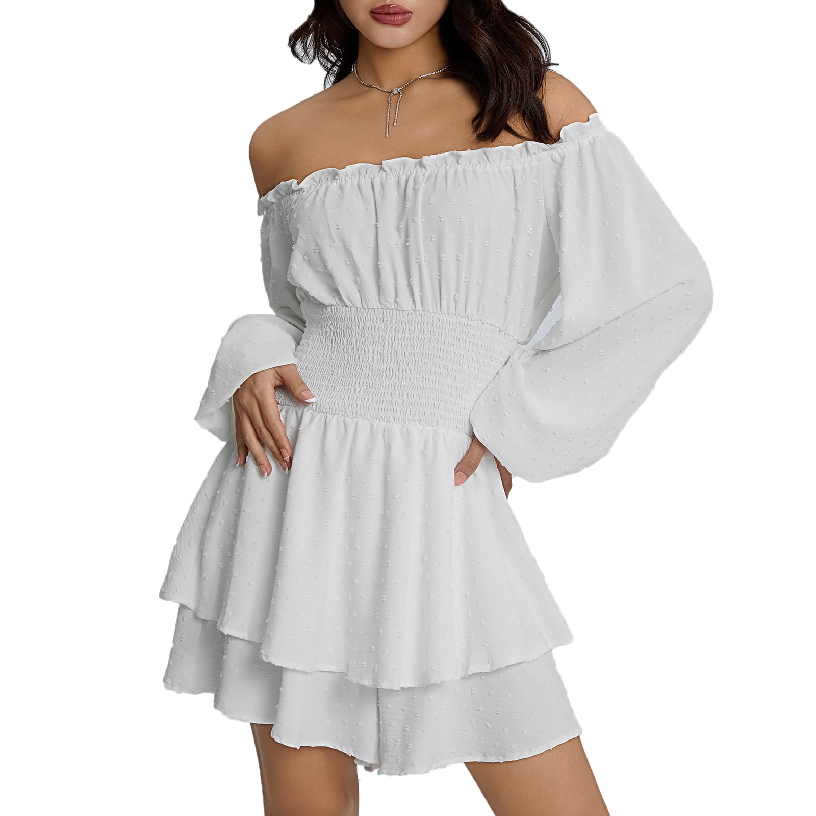 Women Puff Sleeve Off Shoulder Ruffle Romper Dress Built-in Shorts ...