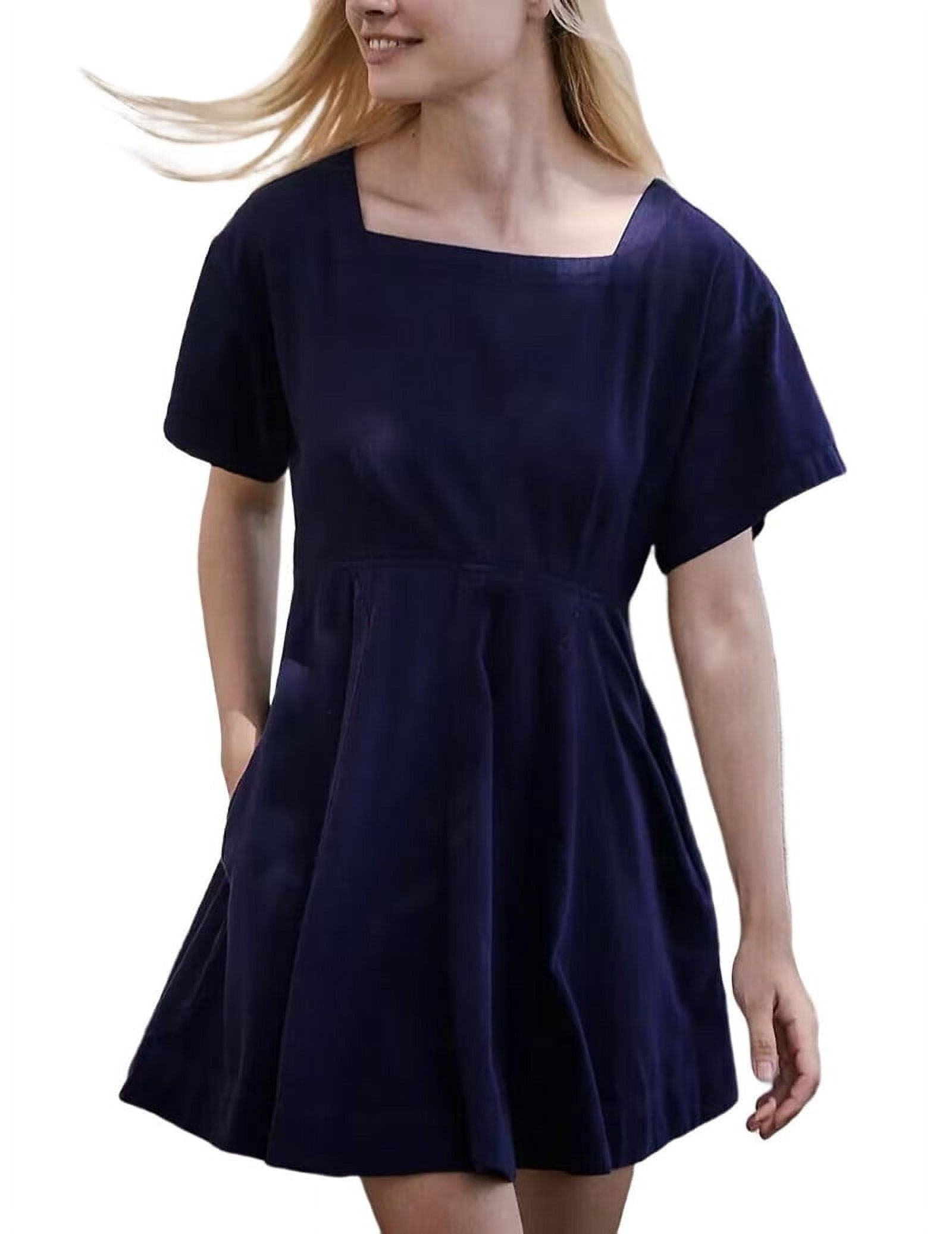 Women Puff Sleeve Square Neck Tie in Back Dresses with Zipper Navy Blue ...