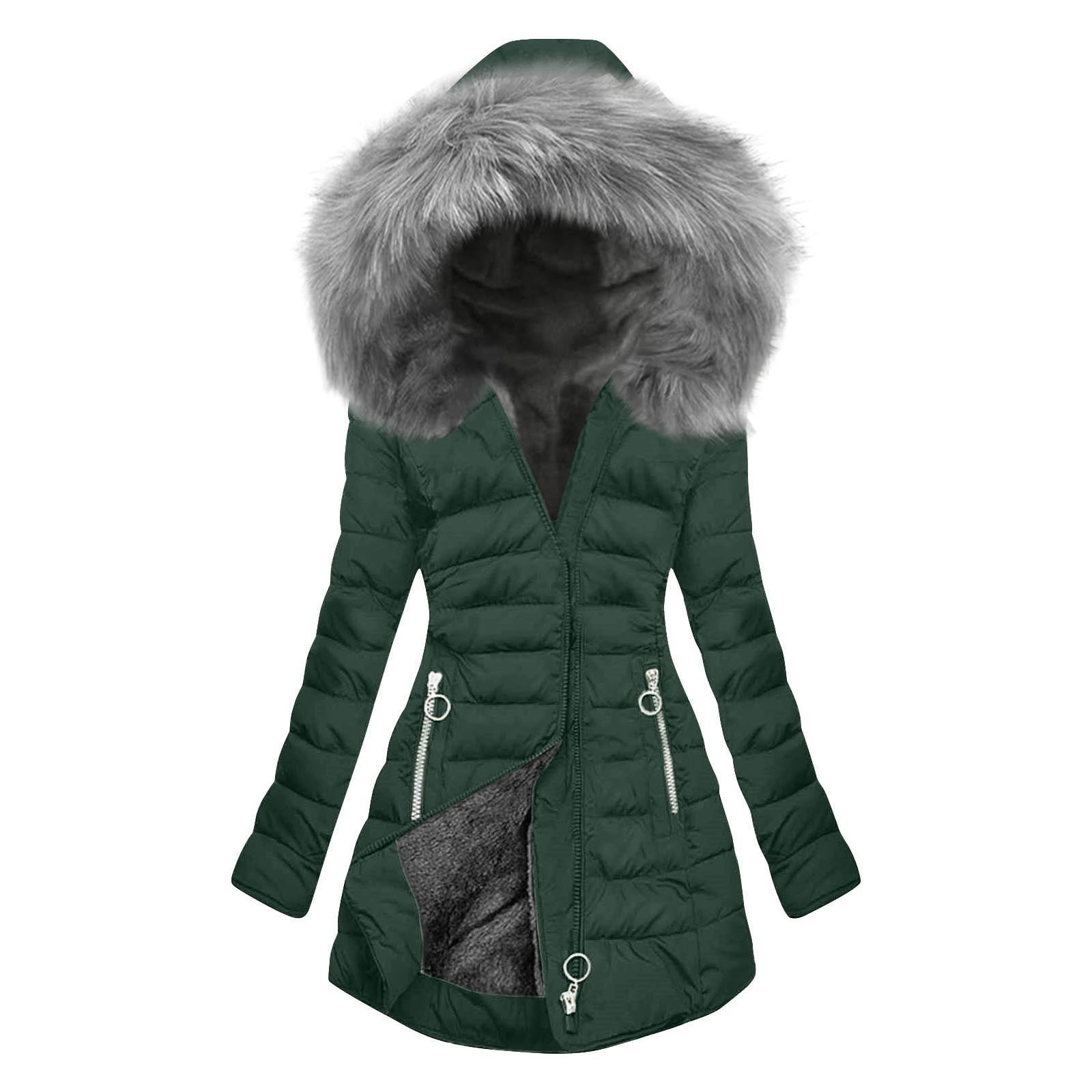 Women Puffer Jacket with Long Faux-Fur Trim Hood, Thick Plush Fleece ...