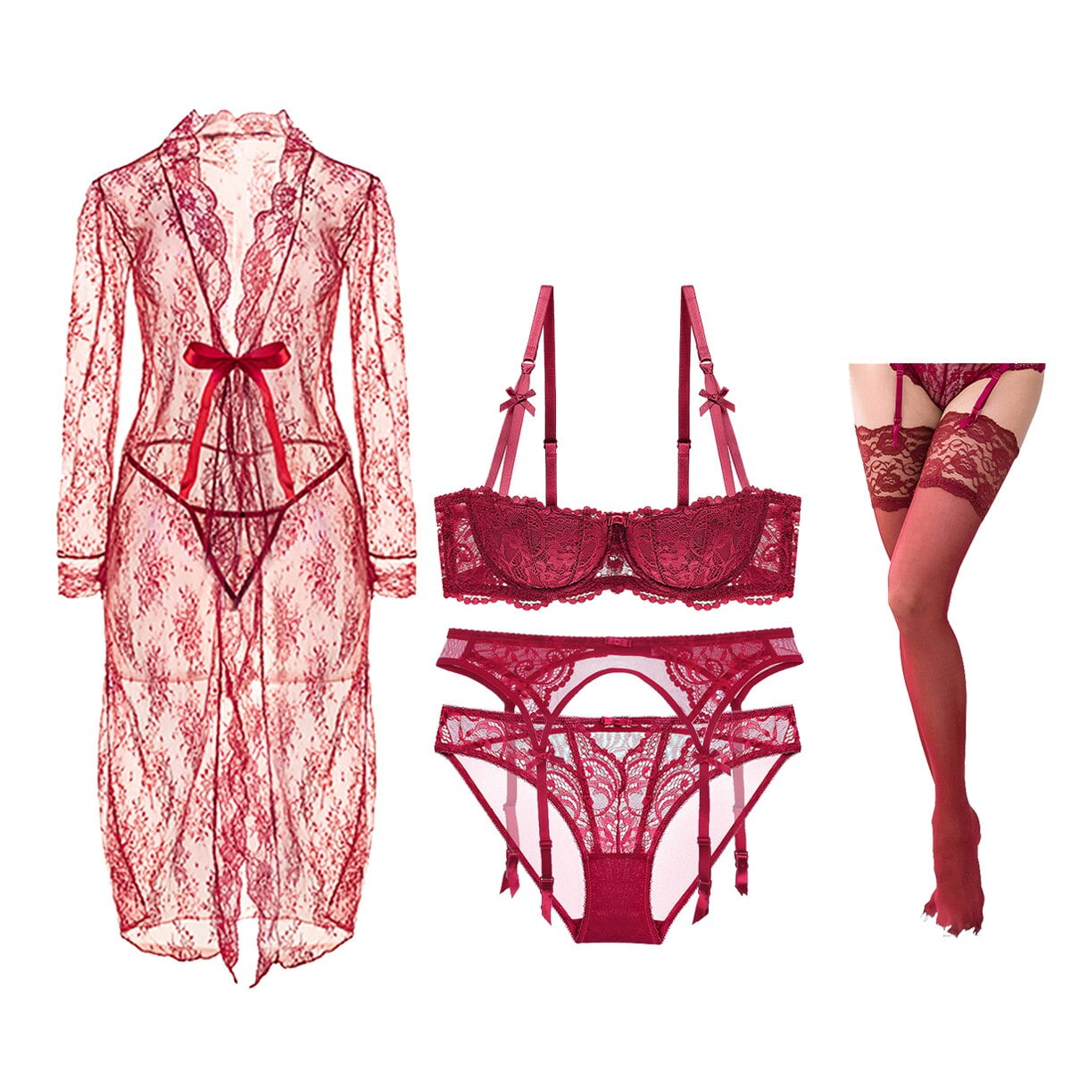 Women Push Up Bras Set Lace Lingerie Bra and Panties and Garter and ...