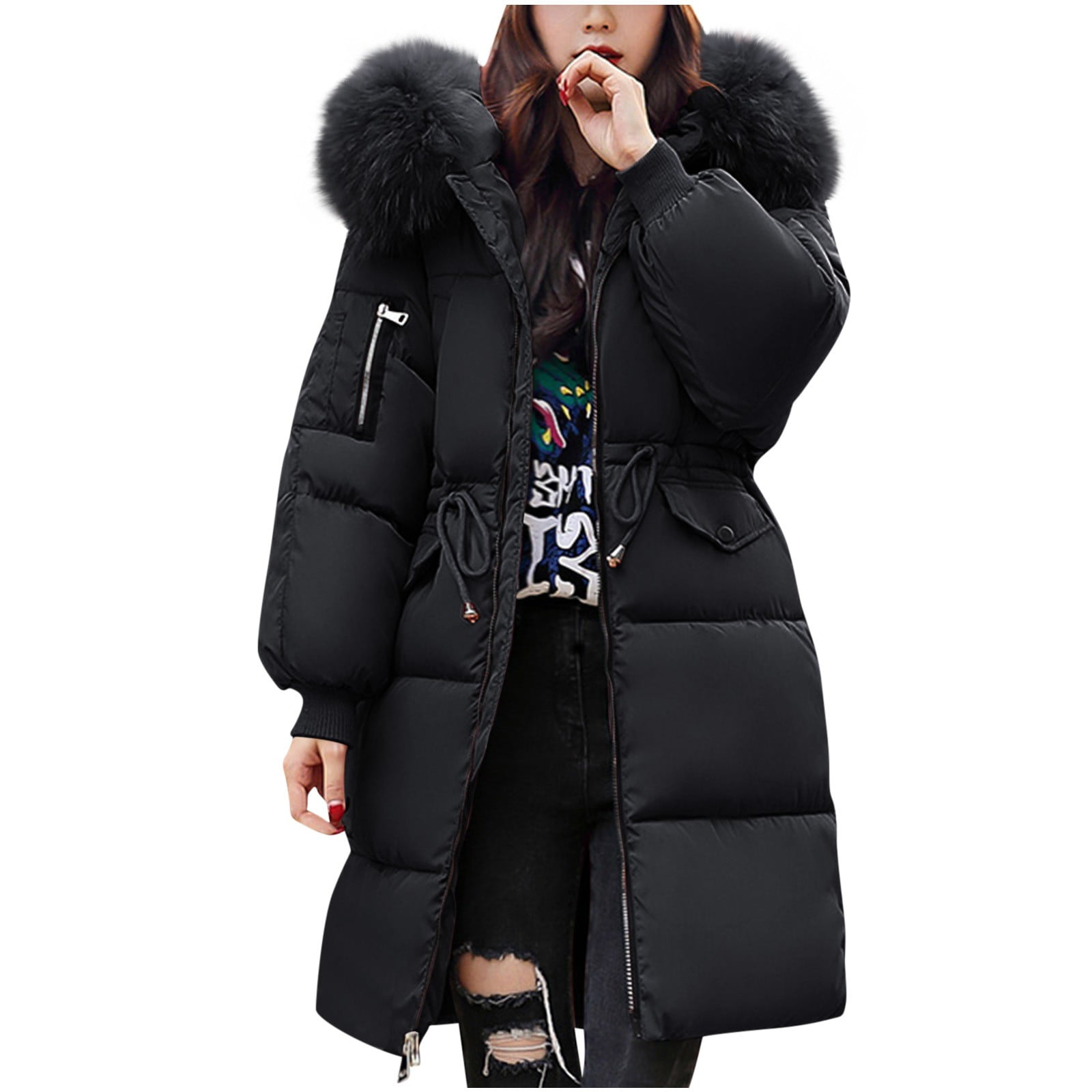 Women Quilted Jackets Thicken Winter Coats with Faux Fur Hood ...