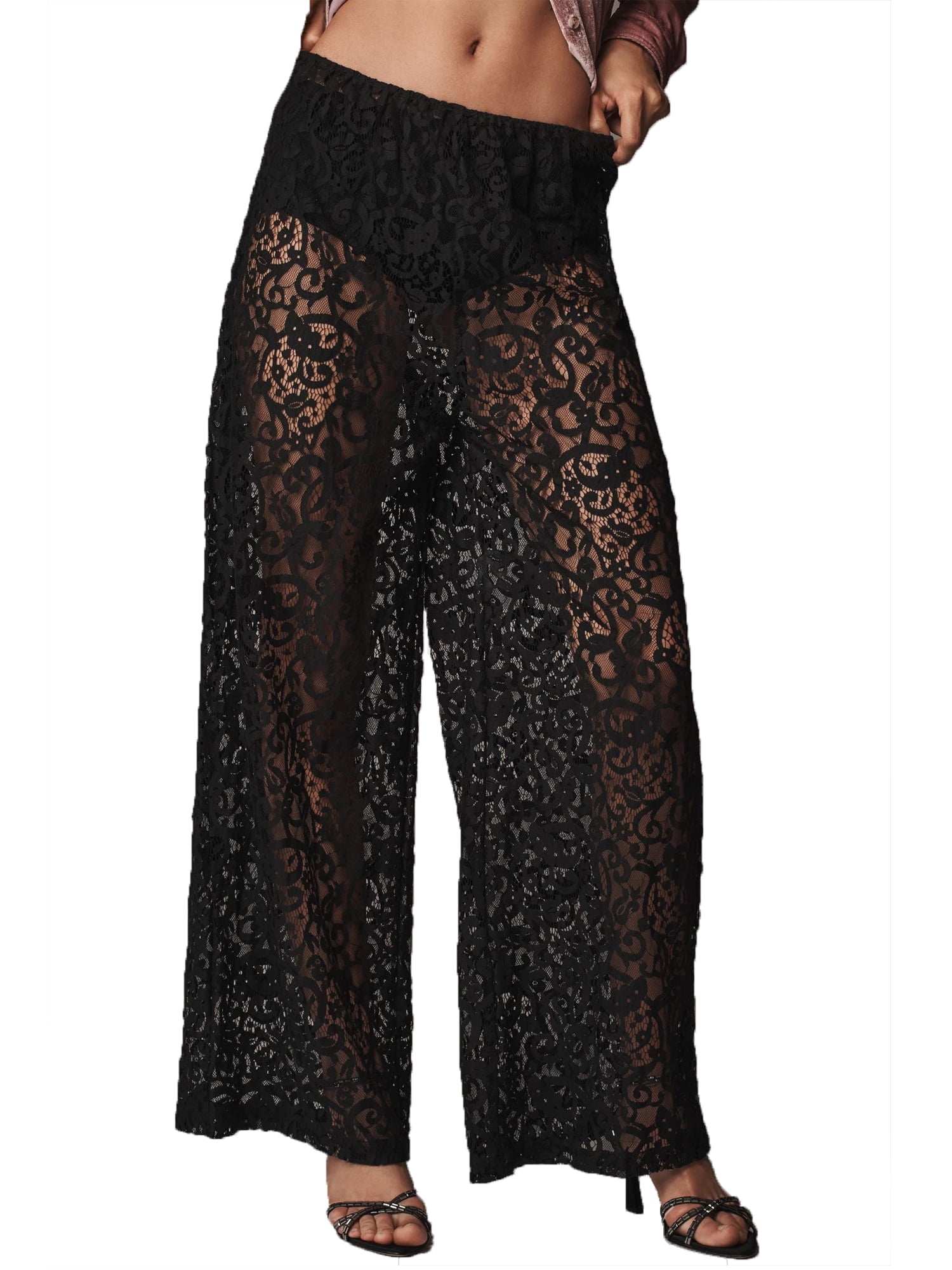 Women Rave Mesh Sheer Pants High Waist Floral See Through Lace Wide Leg ...