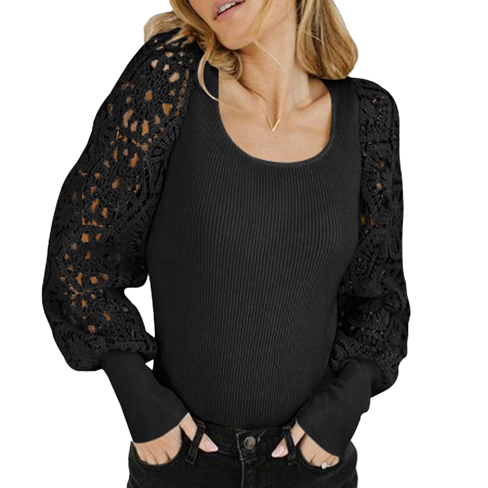 Women Rectangular Neck Pullover Blouses Long Lantern Sleeve Casual Tops ...