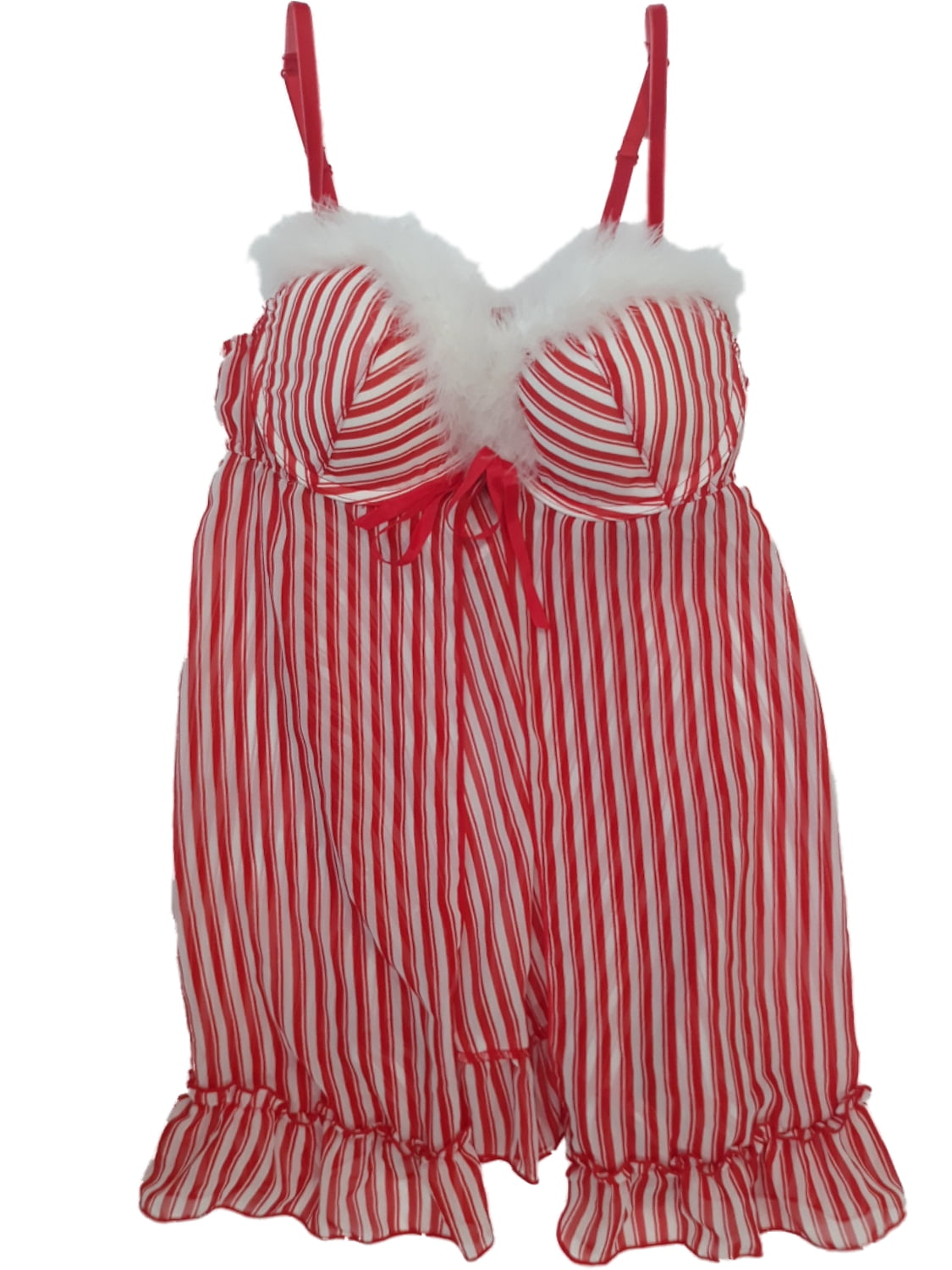 Women Red White Stripe Feather Trim Babydoll Nightie Nightgown Lingerie ...