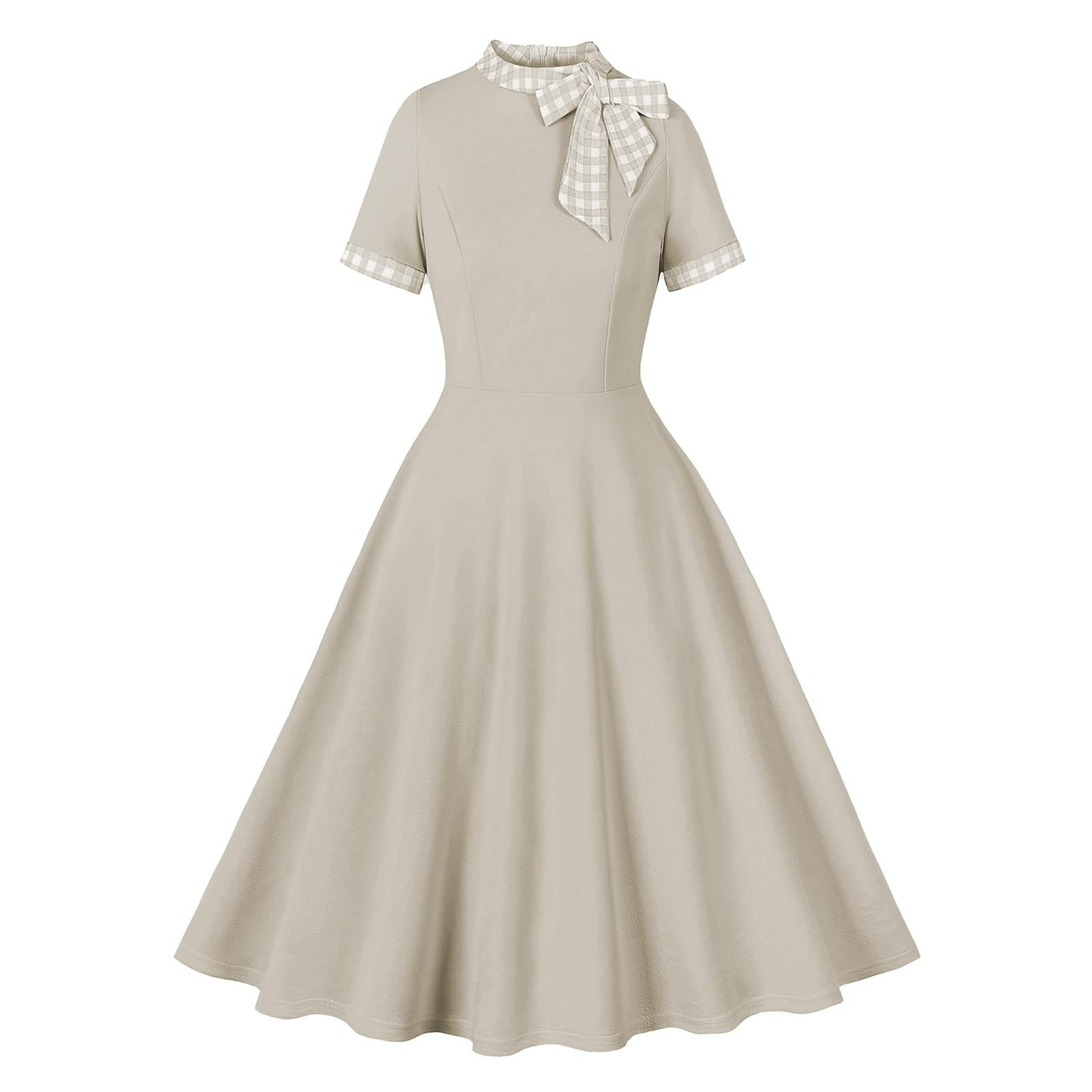 Women Retro Audrey Hepburn Dress Elegant Tie Neck A Line Swing Vintage ...