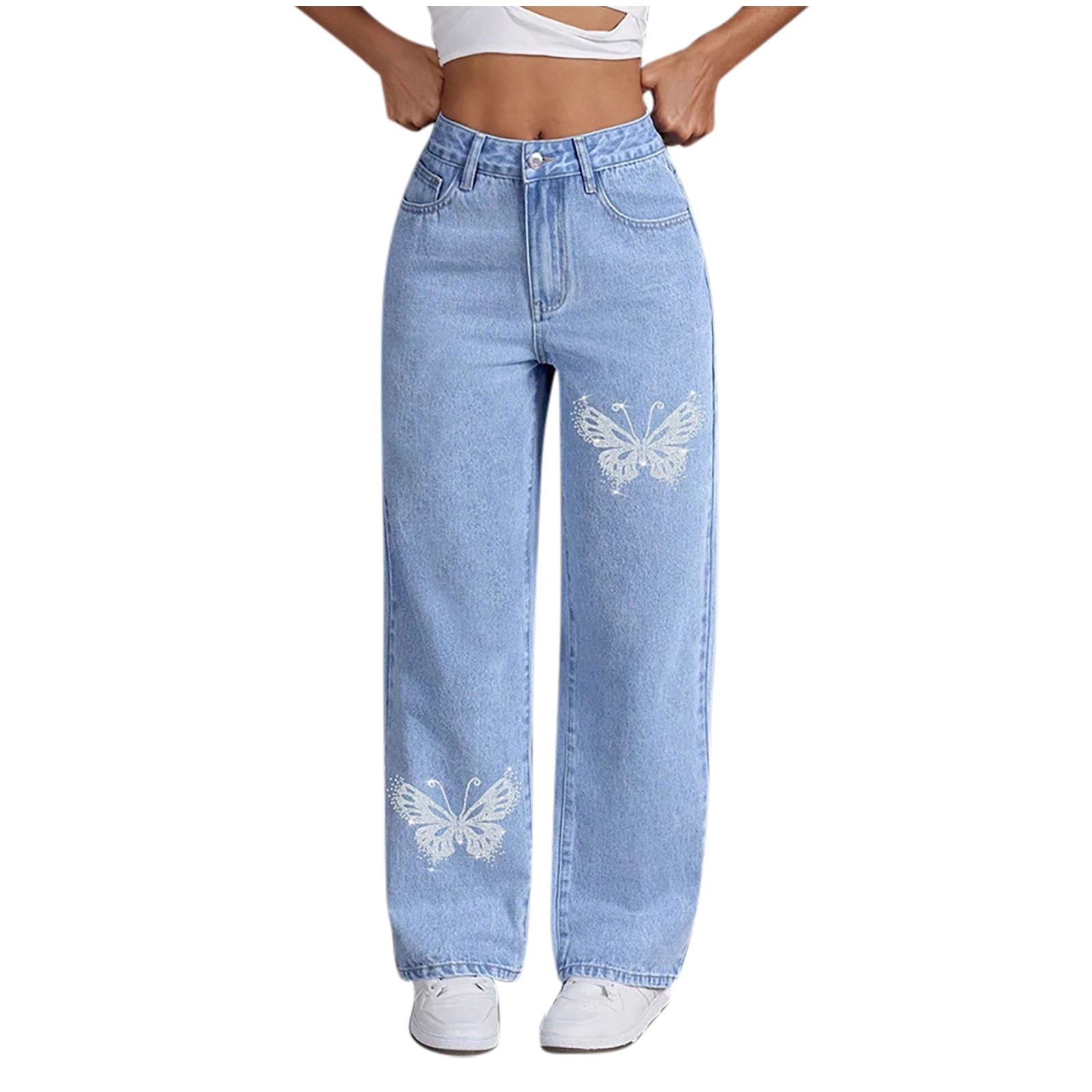 Women Retro Denim Pants Drawstring High Waist Jean Straight Leg ...