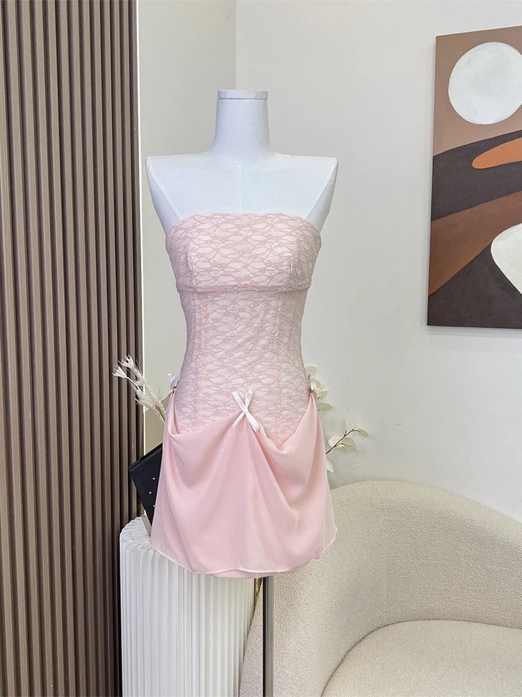 Women Retro Lace Patchwork Design Strapless Evening One-Piece Skinny ...