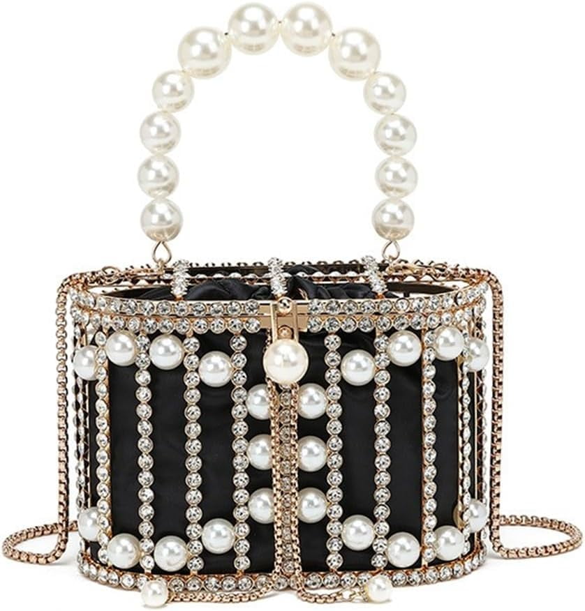 Women Rhinestone Cage Bag Sparkling Hollow Pearl Evening Clutch Glitter ...