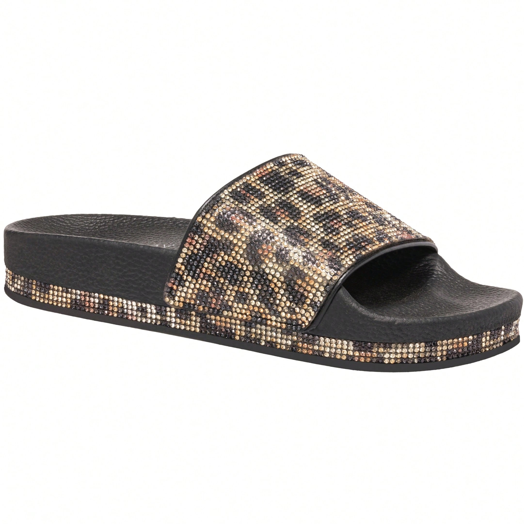 Women Rhinestone Decor Outdoor And Indoor Glamorous Black Flat Slides ...