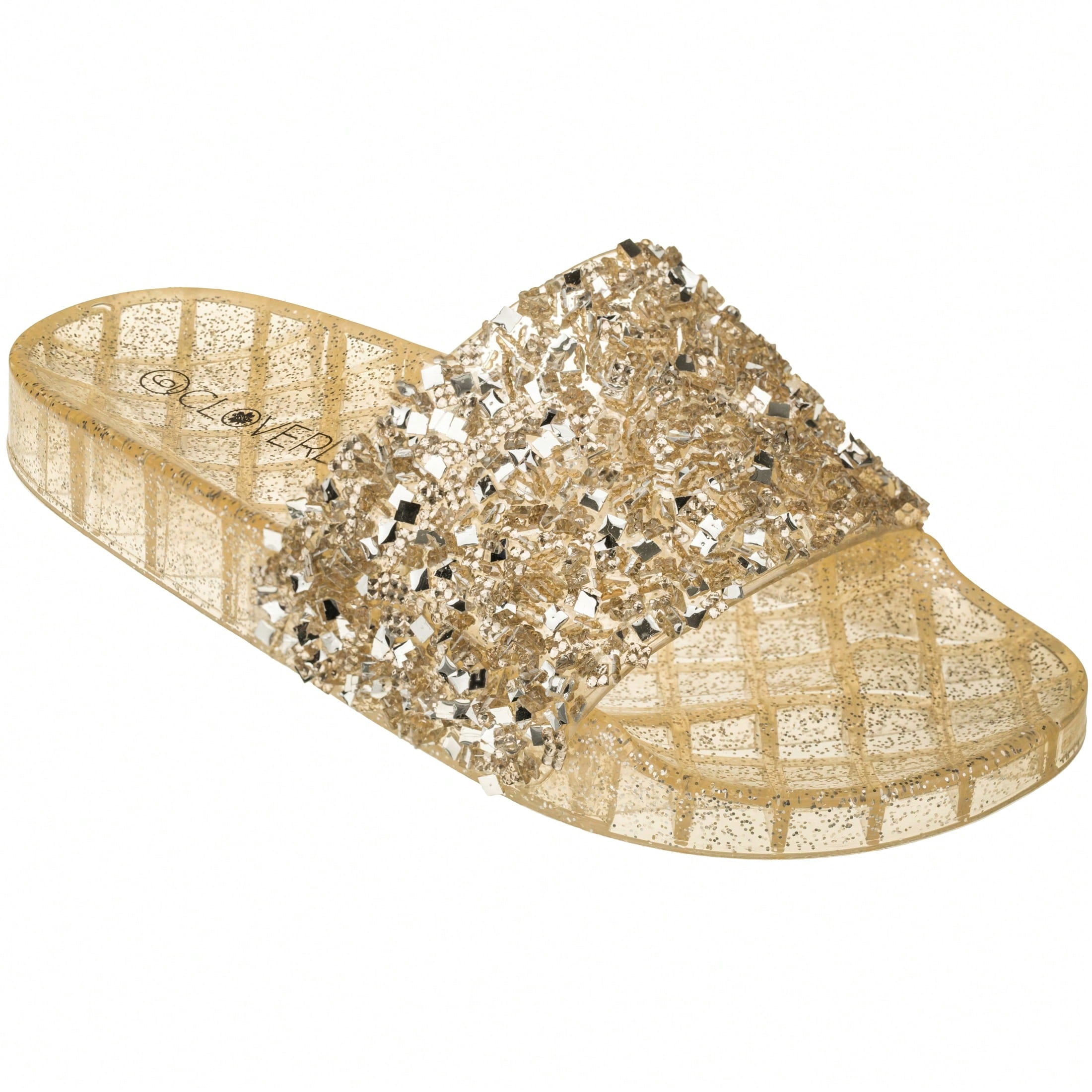 Women Rhinestone Decor Outdoor And Indoor Glamorous Flat Slides Jelly ...