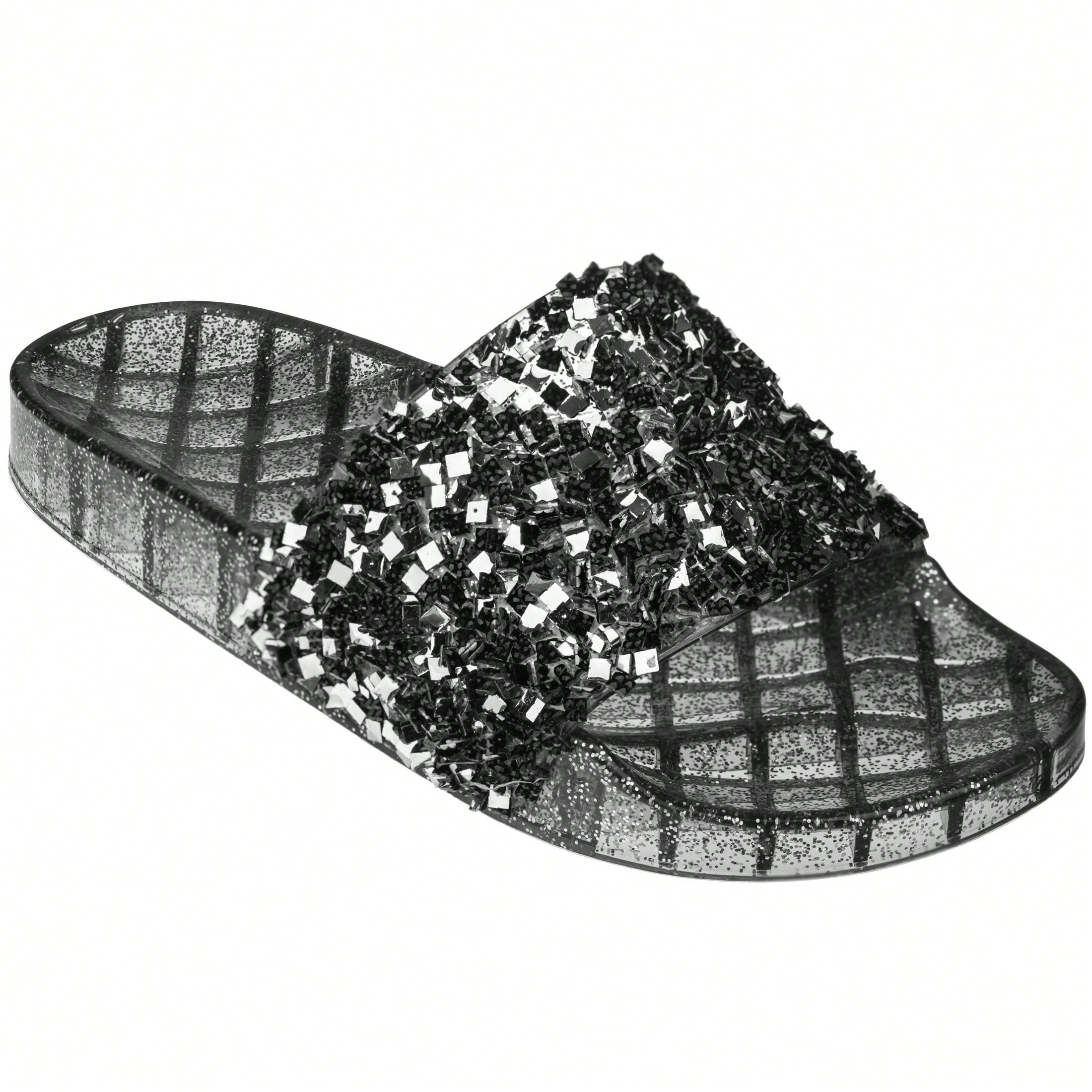 Women Rhinestone Decor Outdoor And Indoor Glamorous Flat Slides Jelly ...