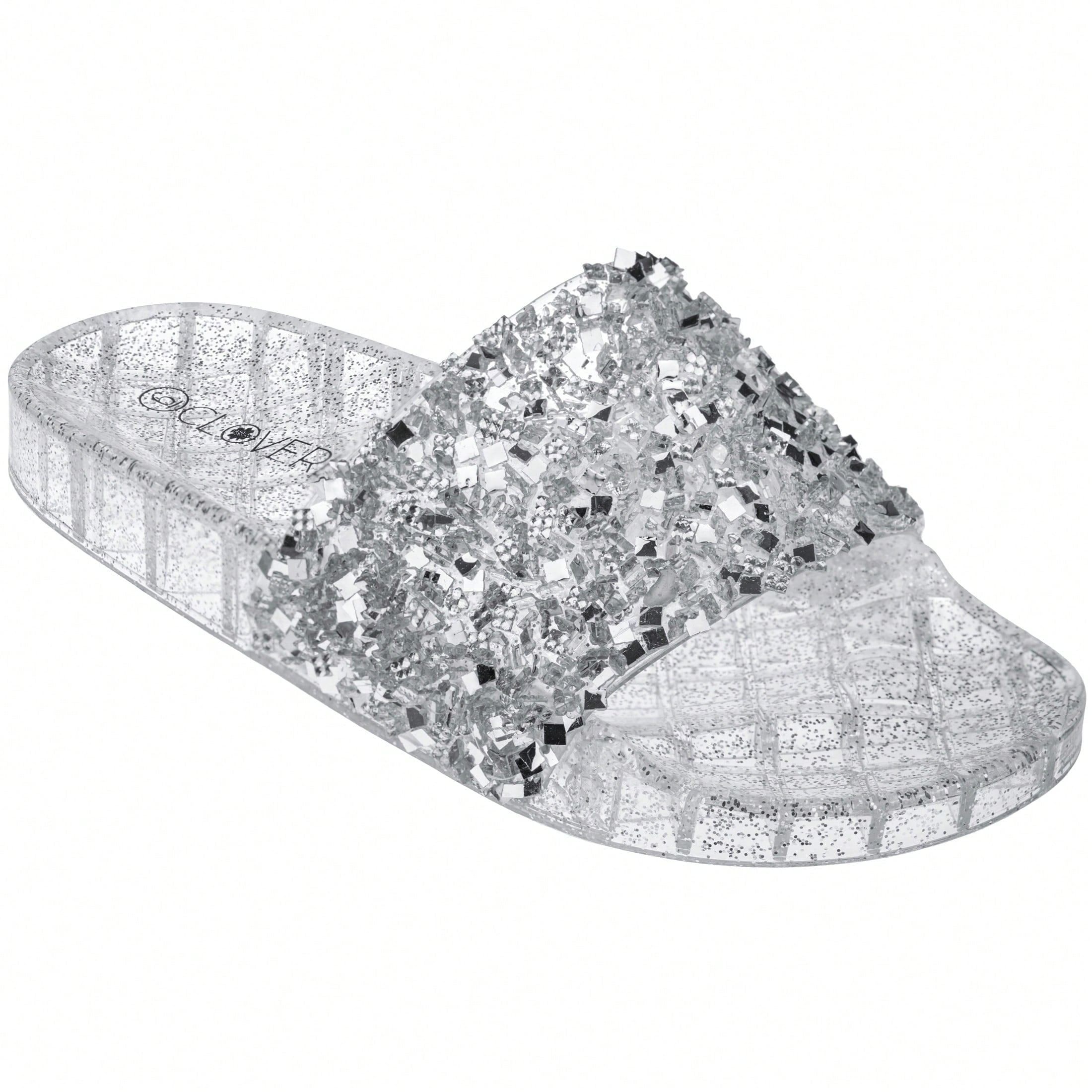Women Rhinestone Decor Outdoor And Indoor Glamorous Flat Slides Jelly ...