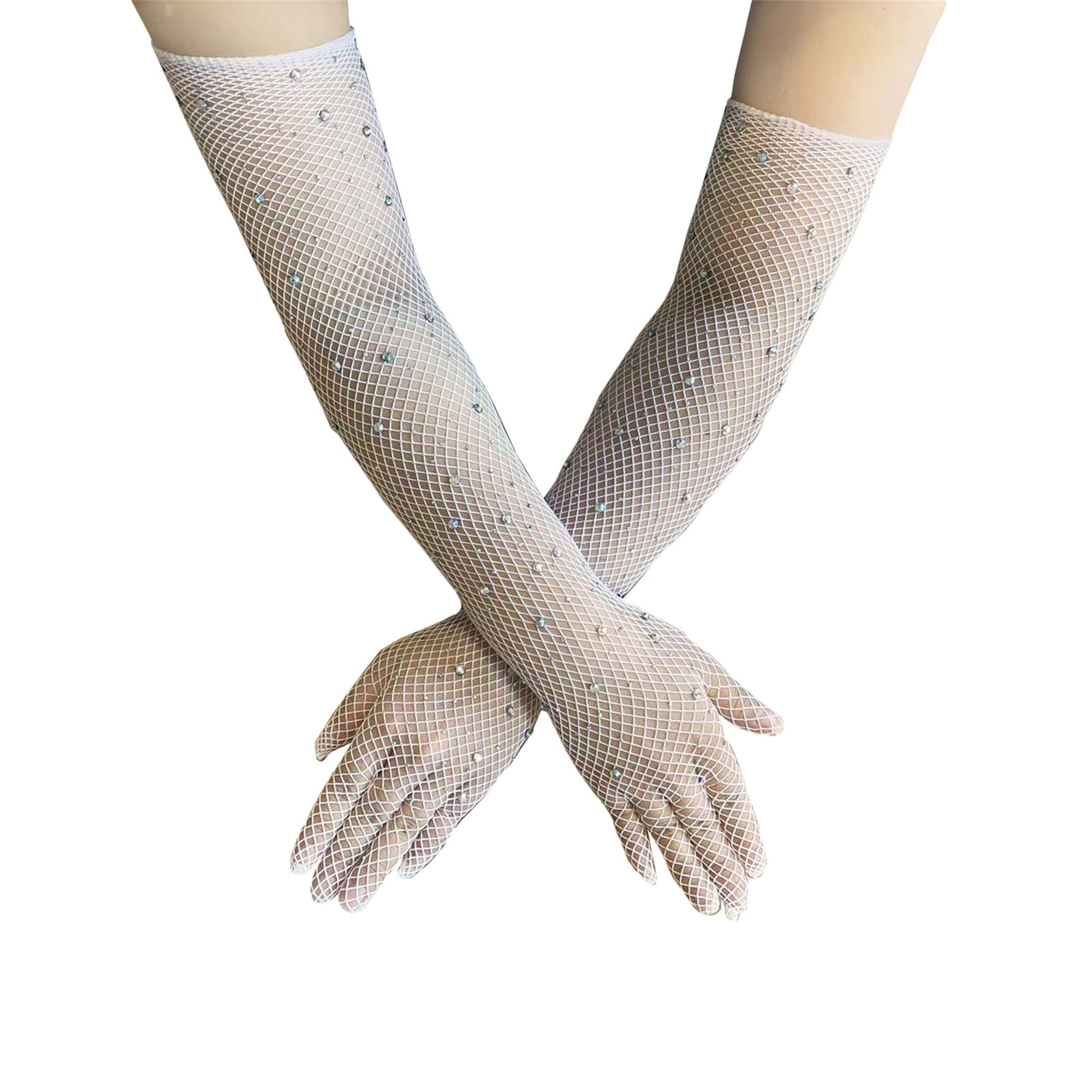Women Rhinestone Fishnet Gloves Glitter Long Evening Opera Gloves ...