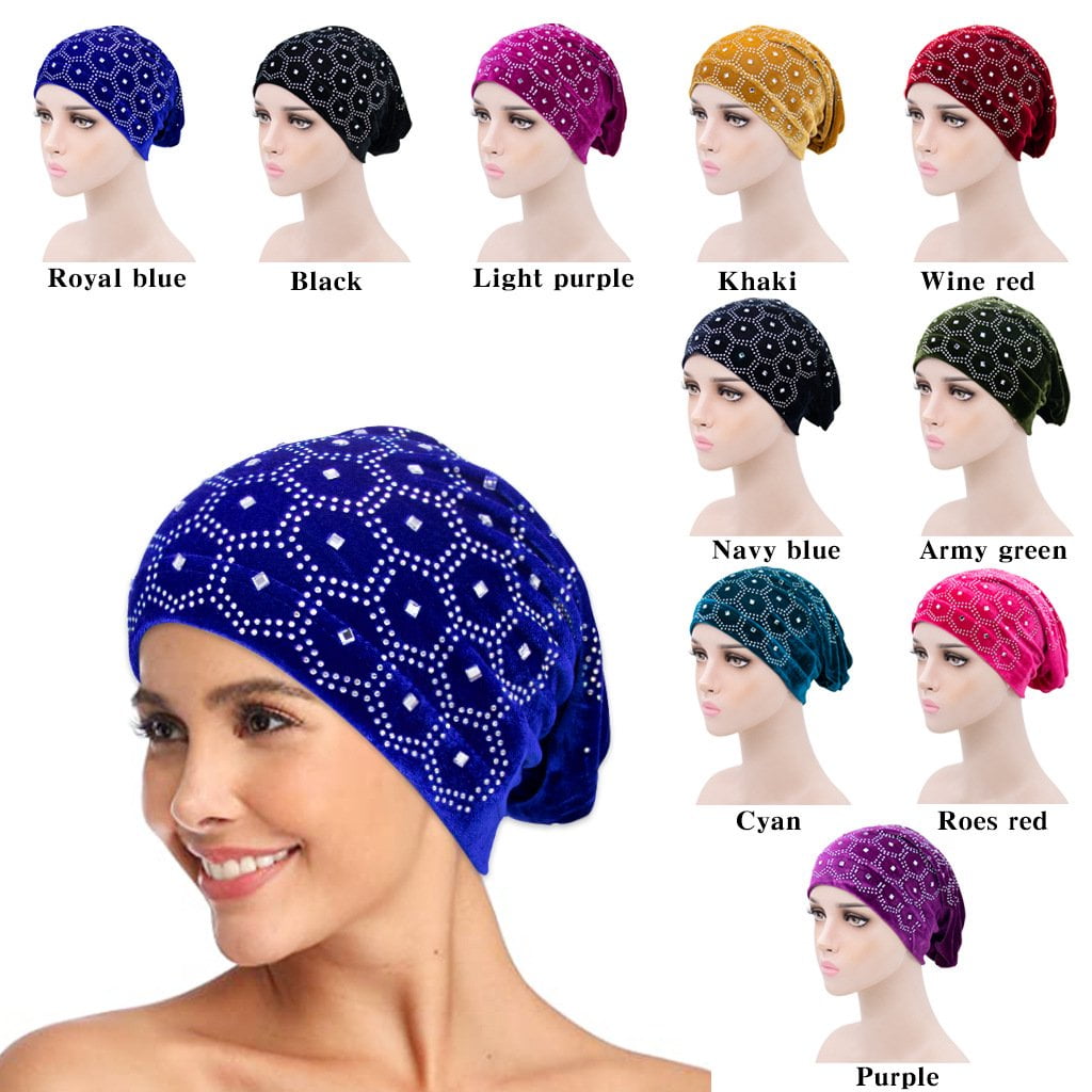 Women Rhinestone Muslim Turban Head Headwear Sparkly Skull Cap Slouchy ...