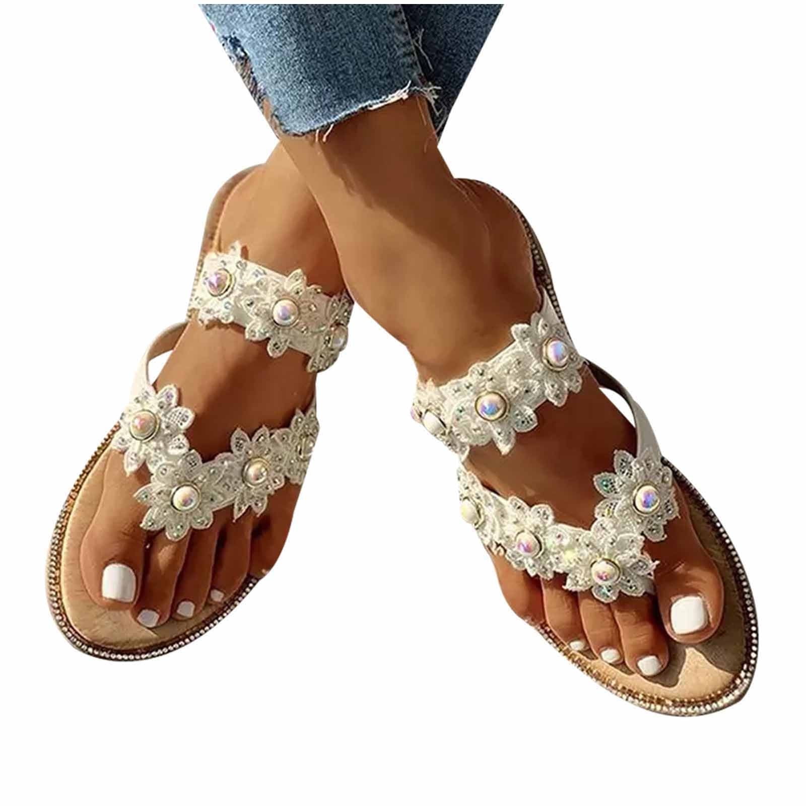 Women Rhinestone Slide Sandals Bohemian Pearl Crystal Flip Flop Open Toe Two Strap Flat Sandals