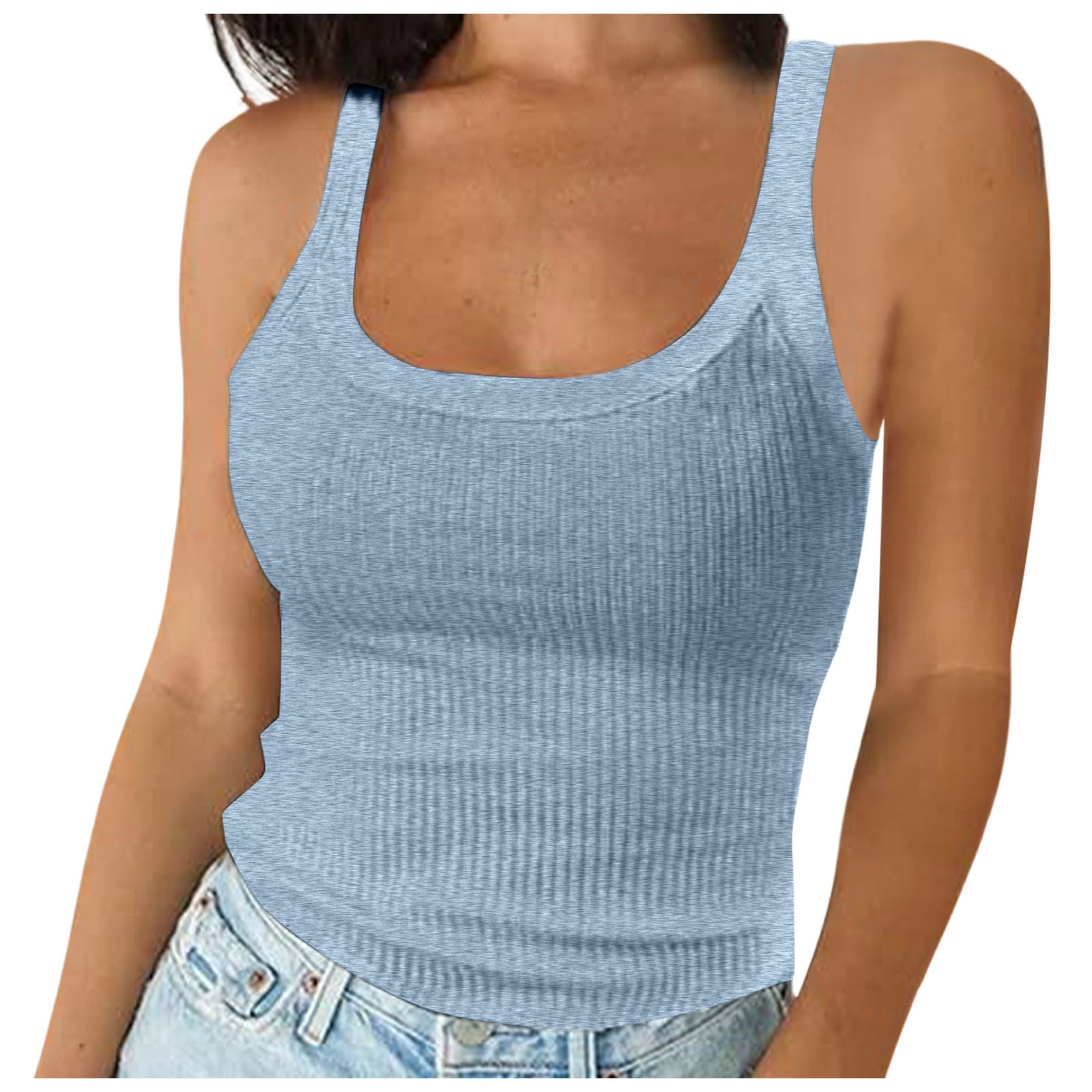 Women Rib Tank Top Padded Workout Top Square Neck Crop Tank Fitted ...