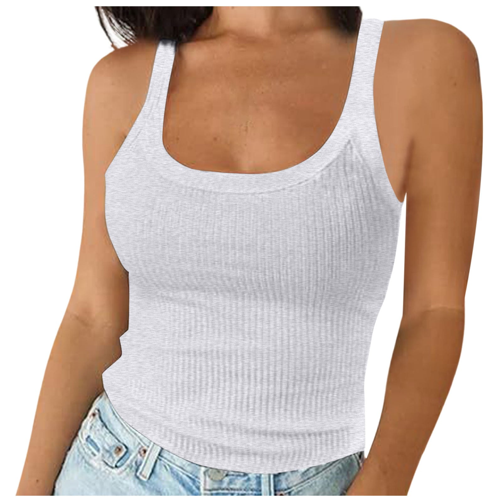 Women Rib Tank Top Padded Workout Top Square Neck Crop Tank Fitted ...