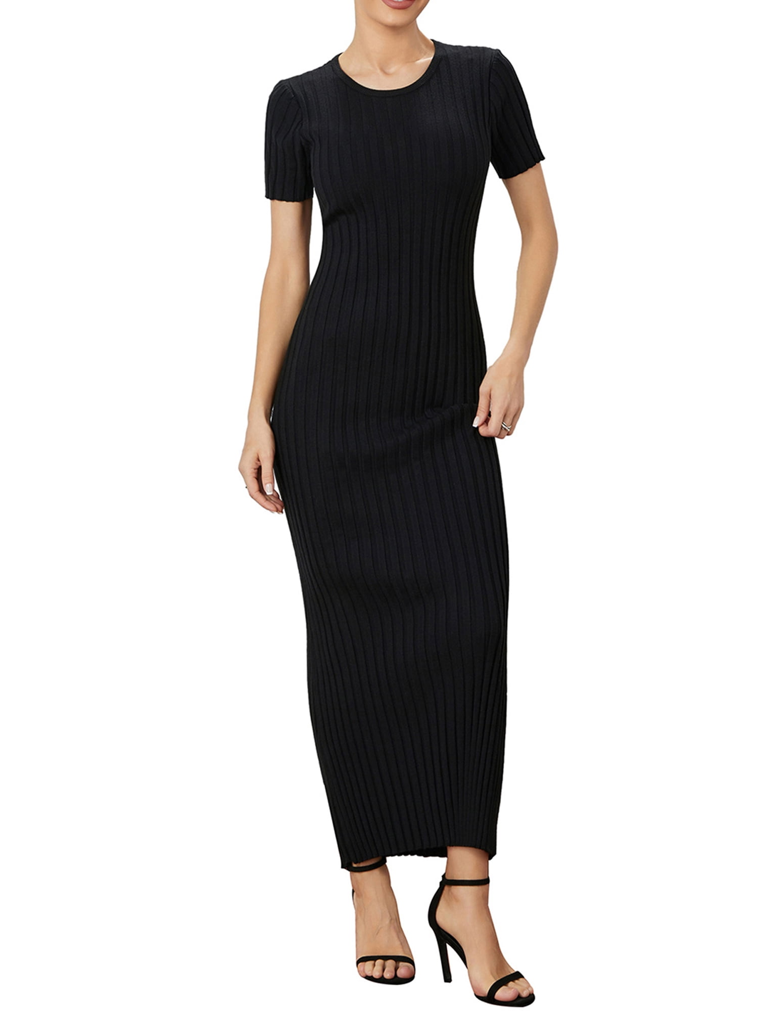 Mevireiy Women Ribbed Knit Slim Fitted Long Dress Short Sleeve Bodycon ...