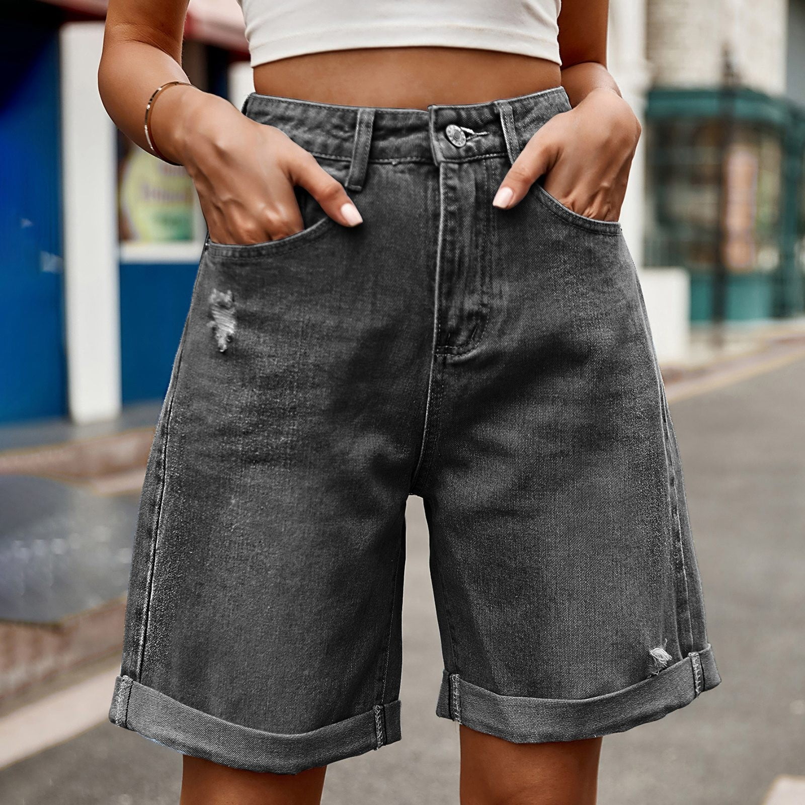 Women Ripped Straight Leg Distressed Hem Five Point Casual Comfortable ...