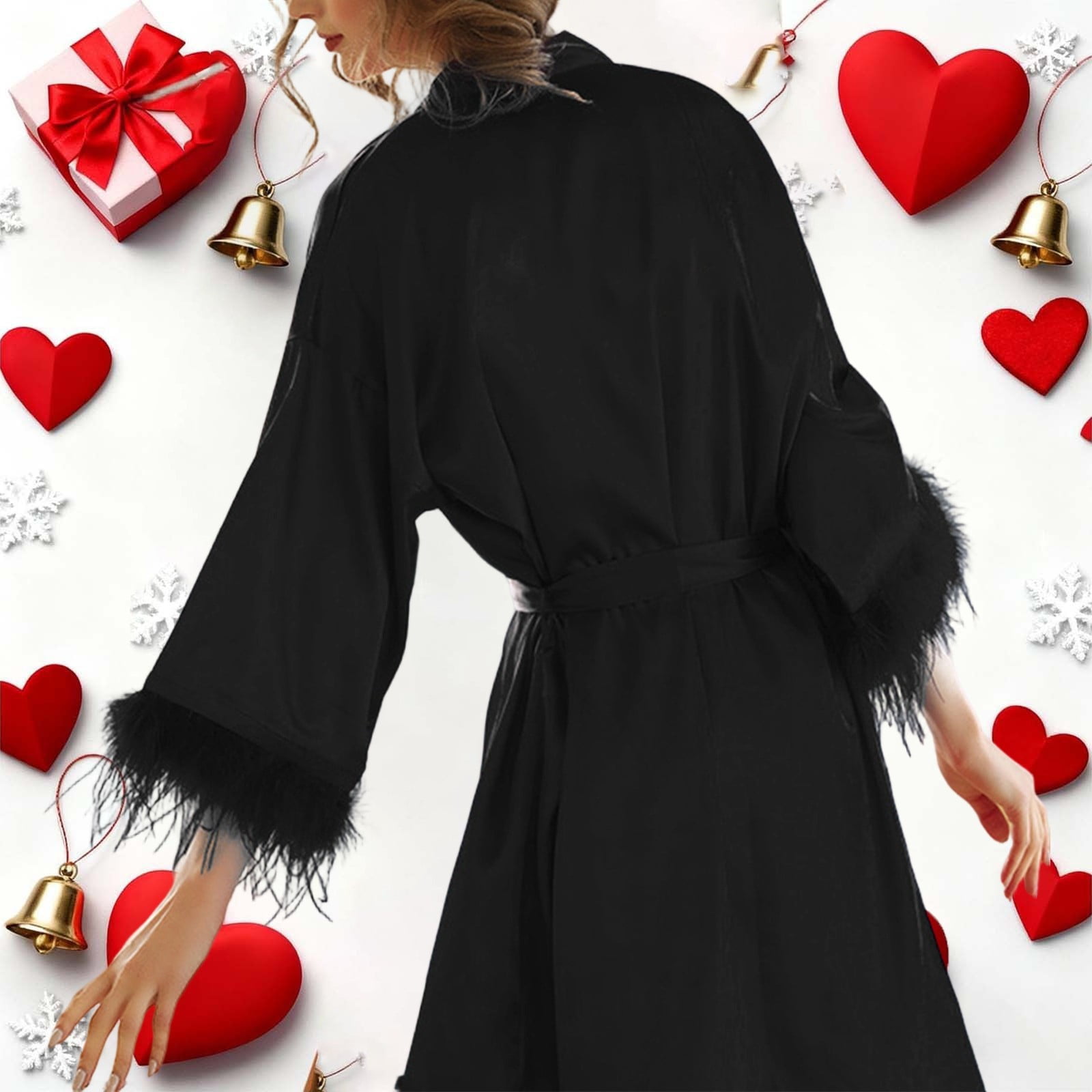 Women Robe Satin Robe Feather Trim Lightweight Cozy Robe Valentines Day ...