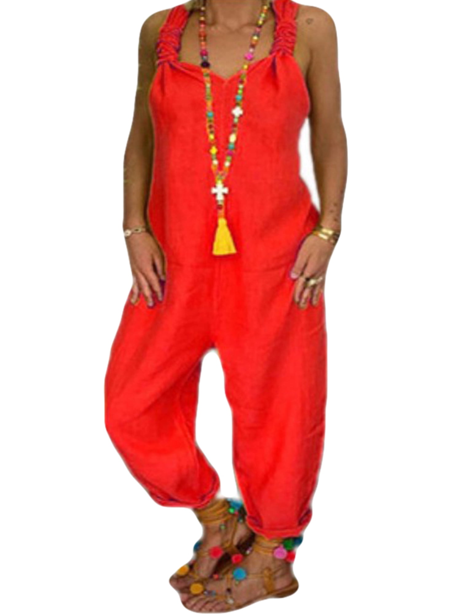 Women Romper Cotton Linen Bib Overalls Jumpsuits Plus Size Summer Strap ...