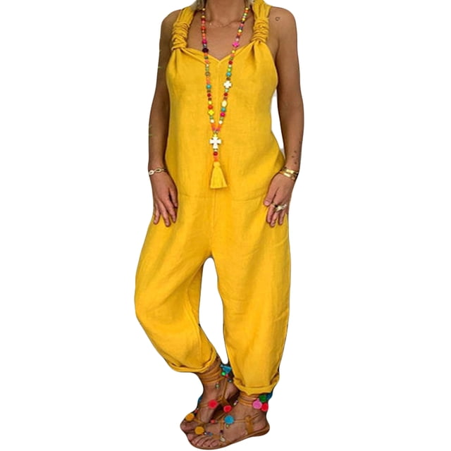 Women Romper Cotton Linen Bib Overalls Jumpsuits Plus Size Summer Strap ...