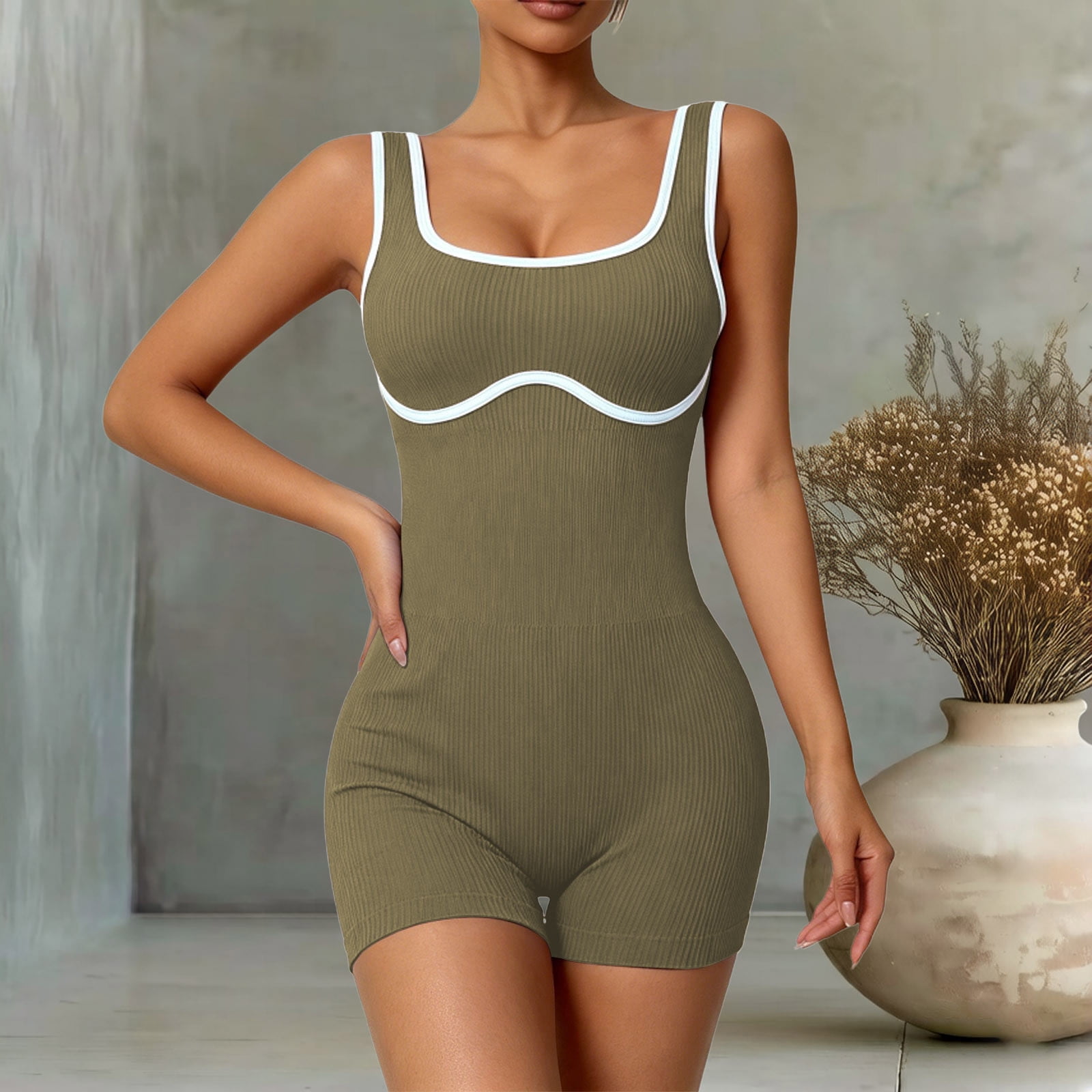 Women Rompers Sleeveless Square Neck Stretch Contrast Binding Workout ...