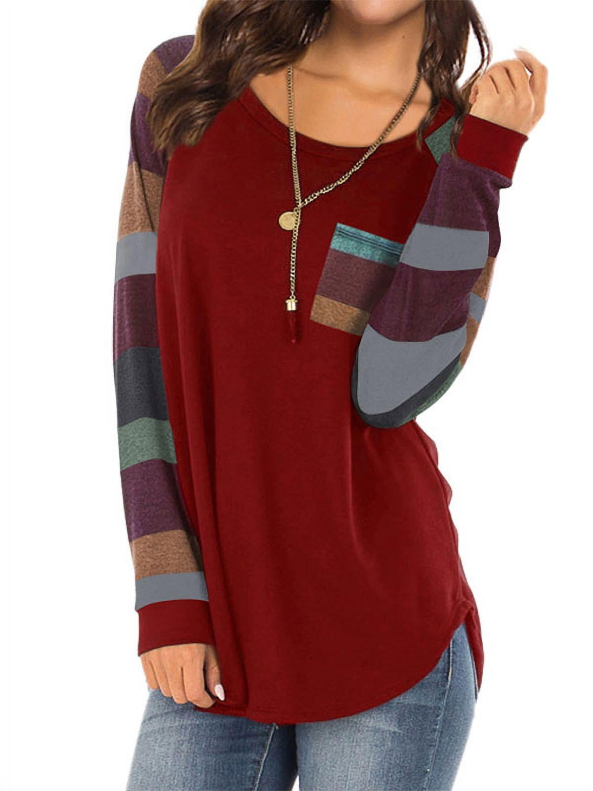 Women's Cotton Blend, Round Neck, Long Sleeve, Color Block, Striped ...