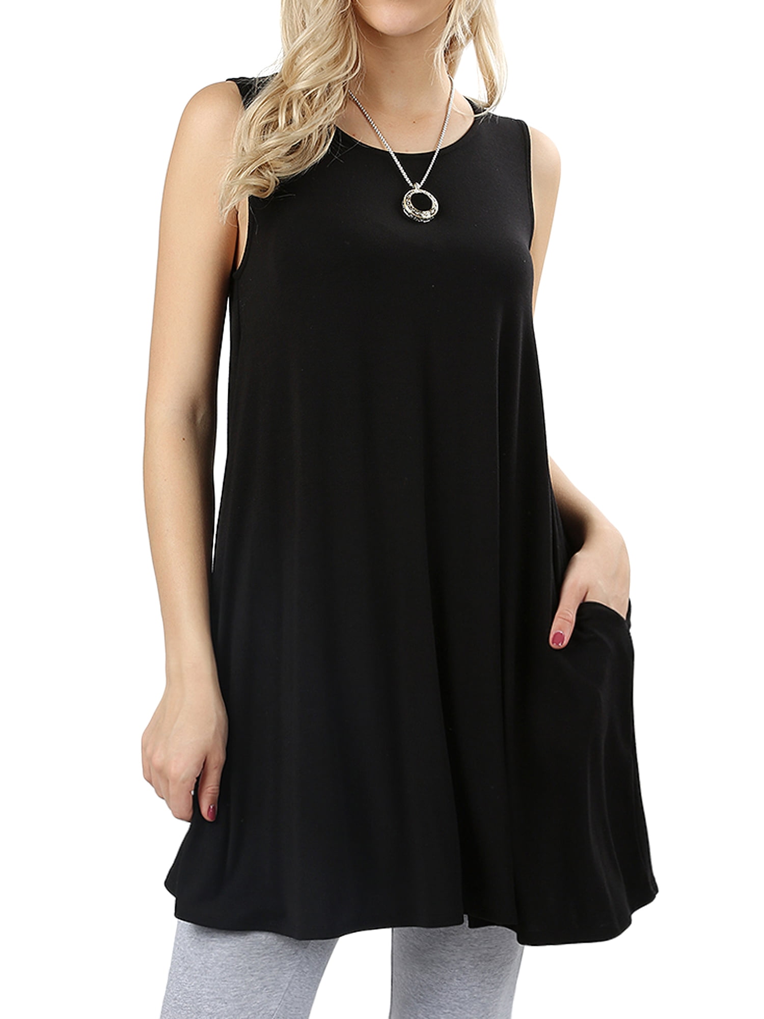 Women Round Neck Sleeveless Flowy Tunic Top With Side Pockets Black L