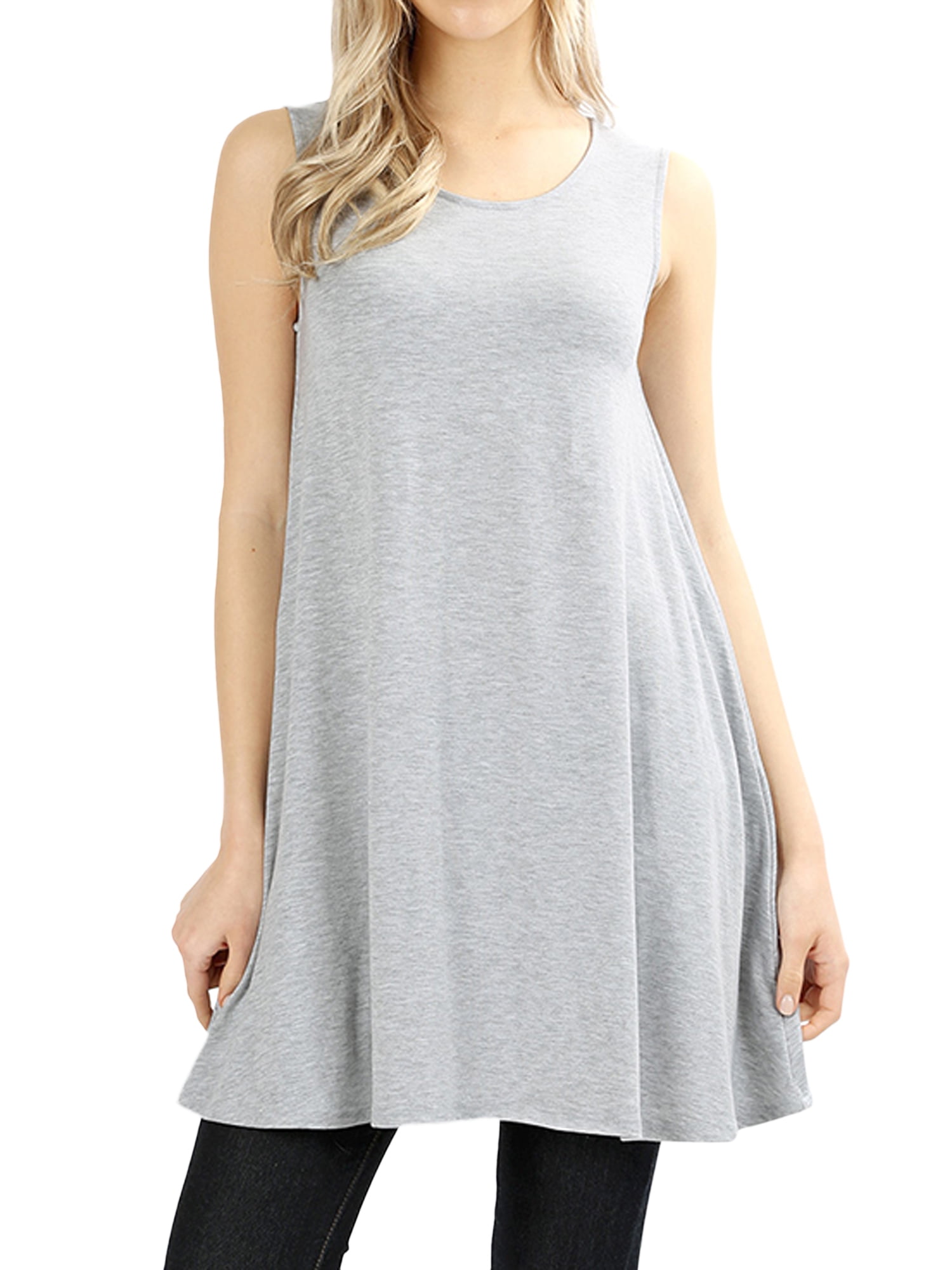 Women Round Neck Sleeveless Flowy Tunic Top With Side Pockets H Grey