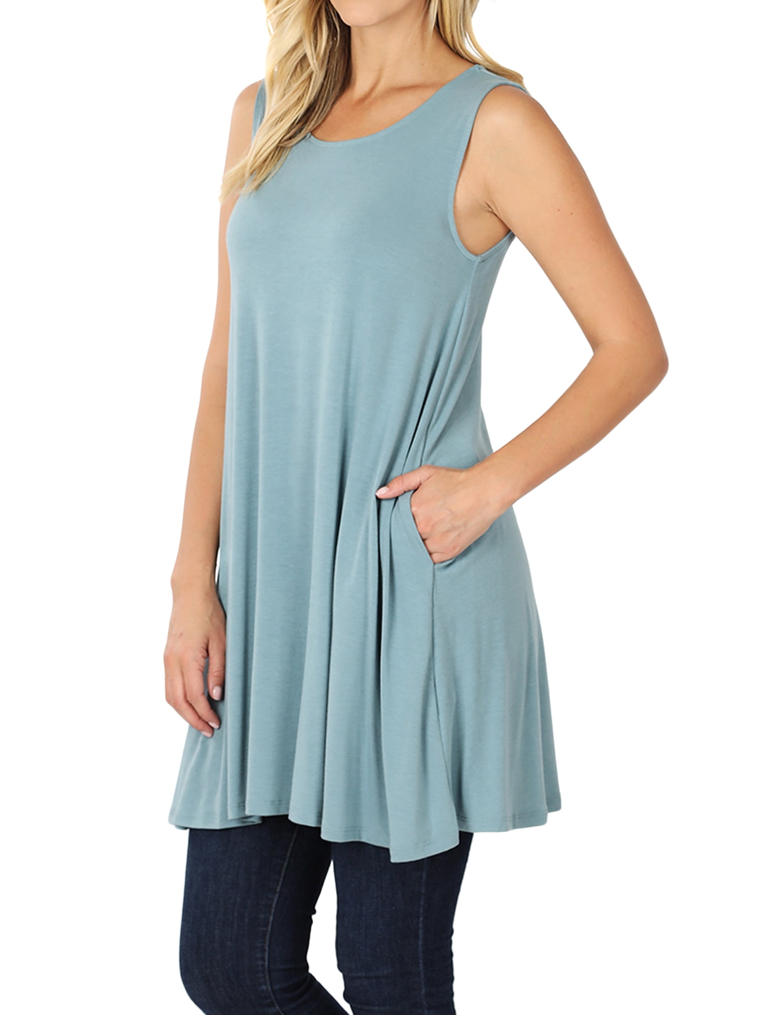 Women Round Neck Sleeveless Flowy Tunic Top With Side Pockets