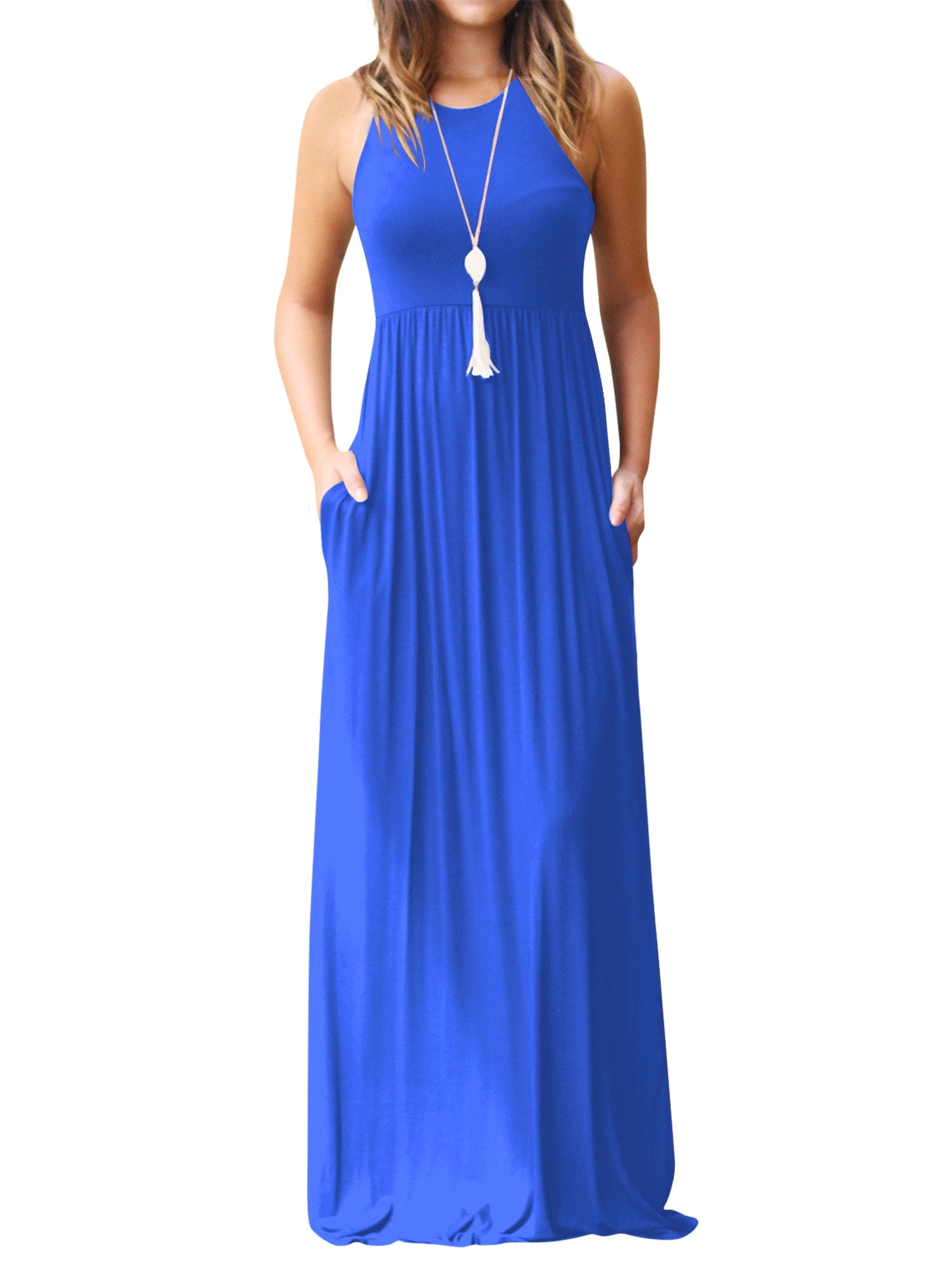 ZXSXSY Women Round Neck Sleeveless Pure Color Long Dress with Pocket ...
