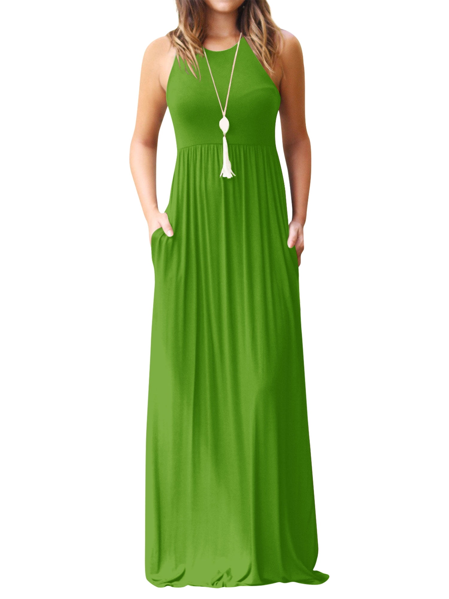 ZXSXSY Women Round Neck Sleeveless Pure Color Long Dress with Pocket ...