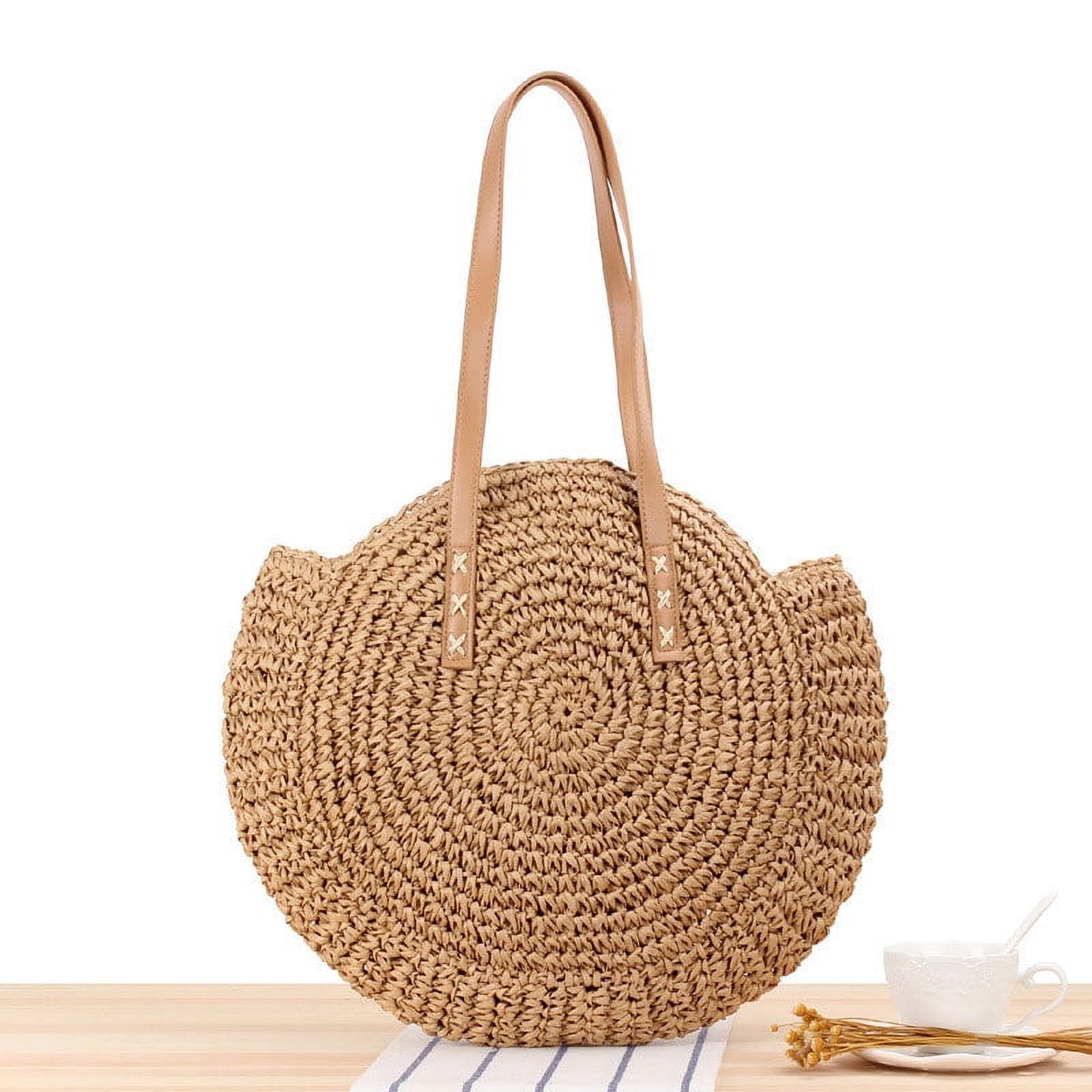 Women Round Straw Bag Rattan Woven Shoulder Bag Wicker Simple Portable ...