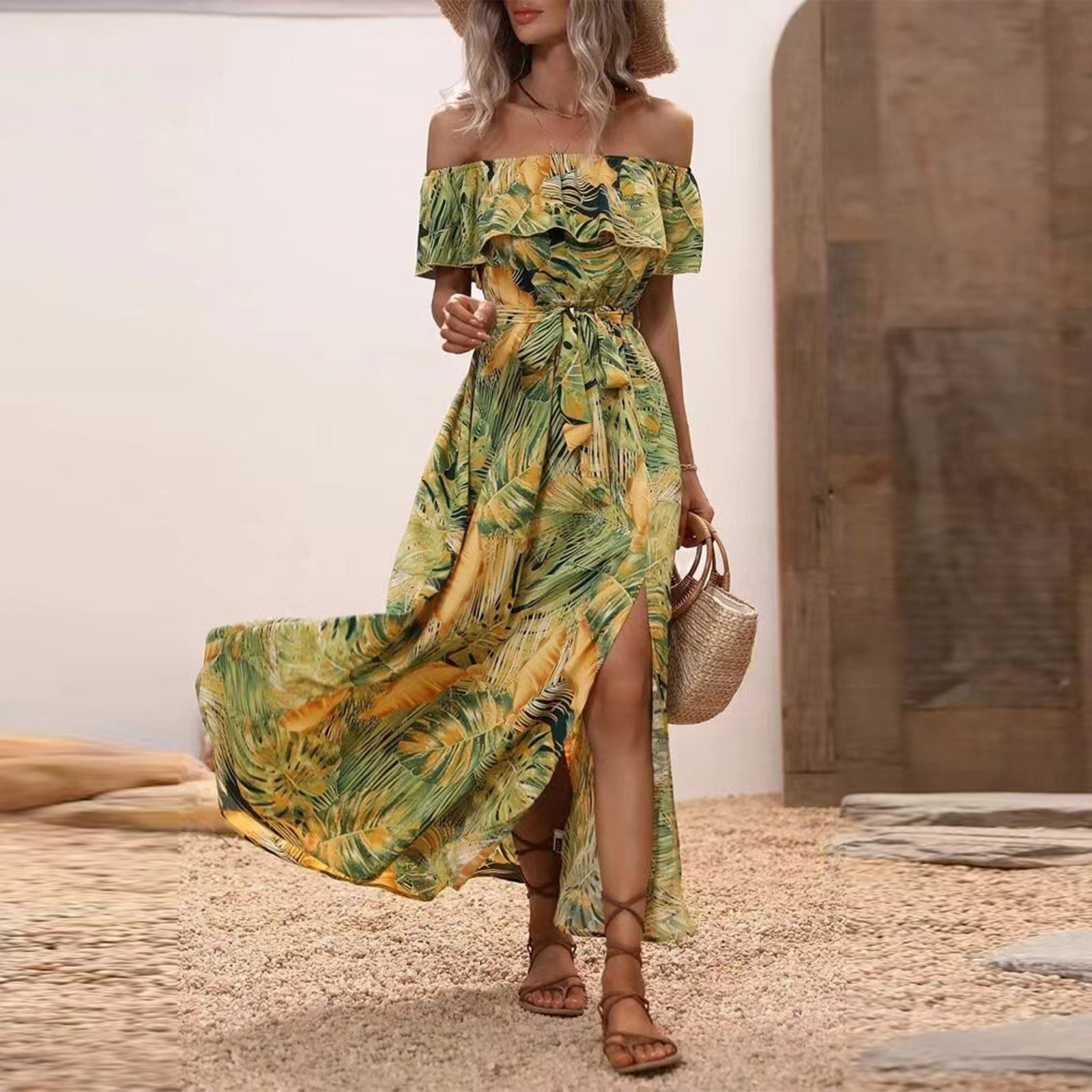 Women Ruffle Floral Maxi Summer Dress Off Shoulder Short Sleeve ...