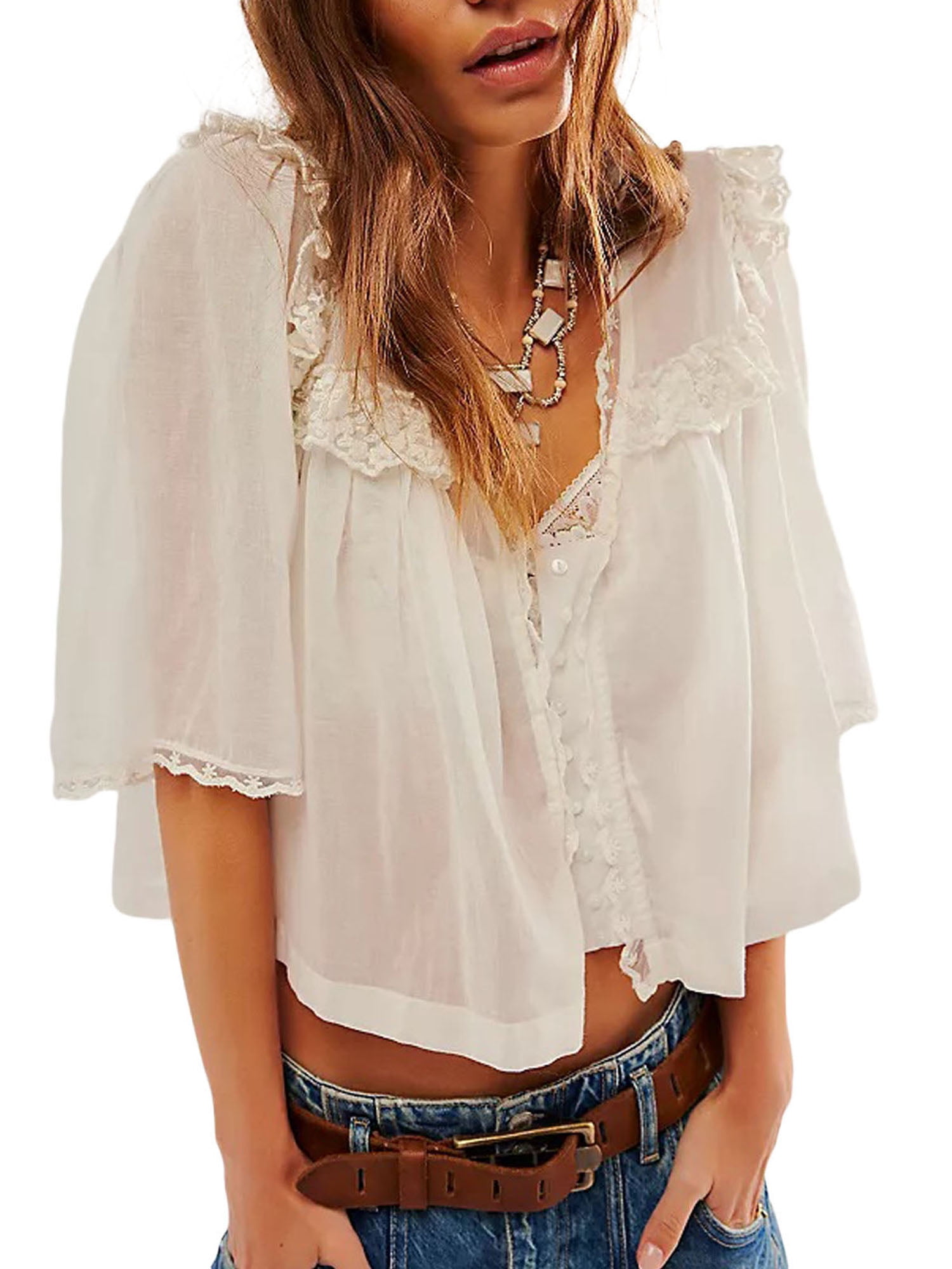 Women Ruffle Lace Shirts Button Down Cotton Short Sleeve Summer Loose ...