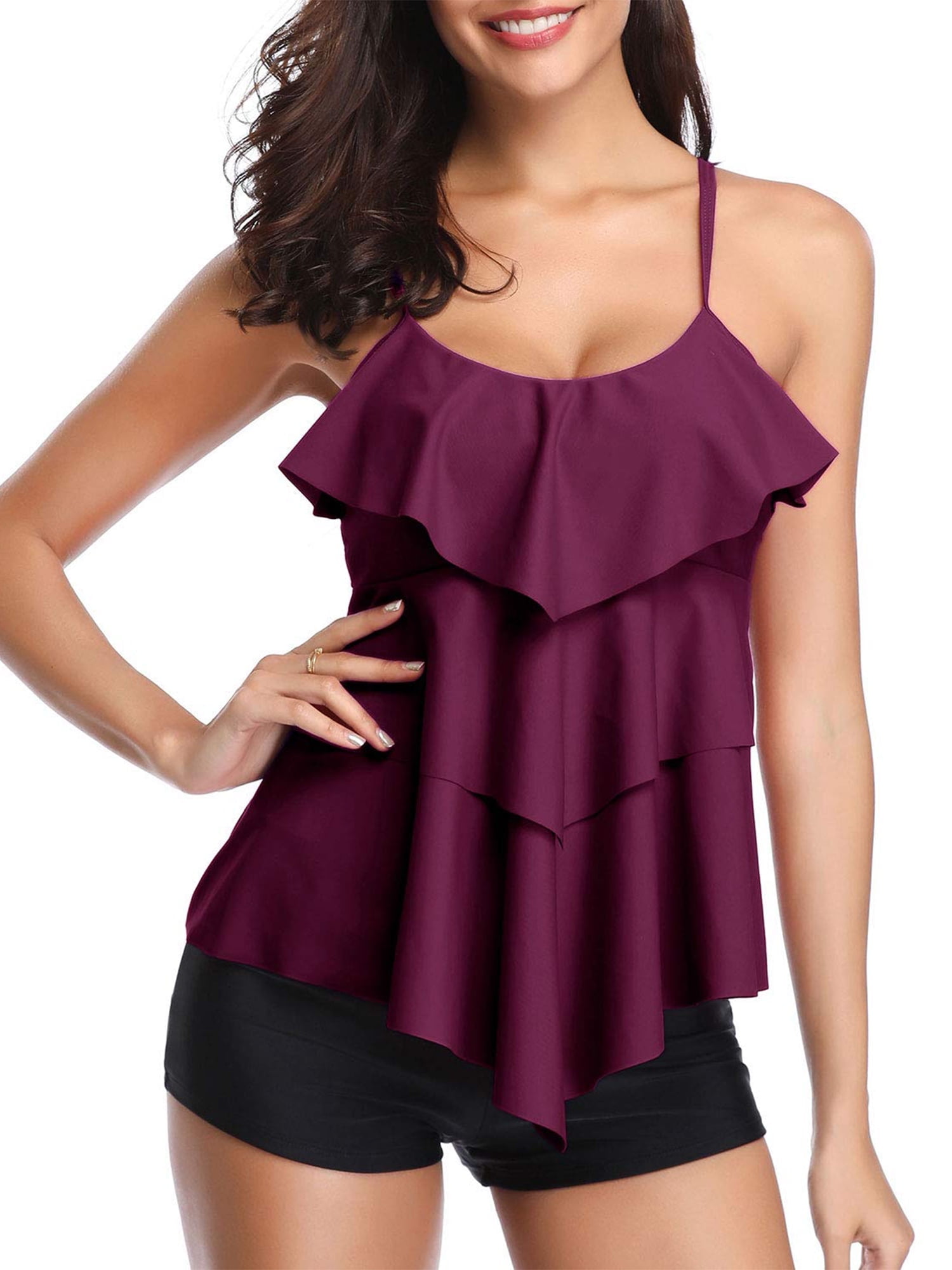 Women's Ruffle Tankini Swimsuit, Two Piece Tummy Control Swimwear with ...