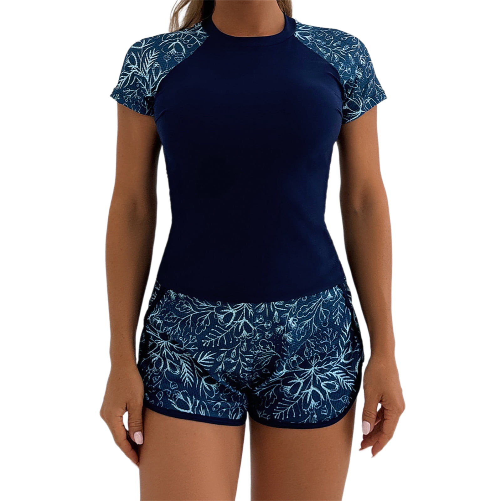 Women Rushguard Swimsuit 2 Piece Athletic Swimsuit Set Short Sleeve ...