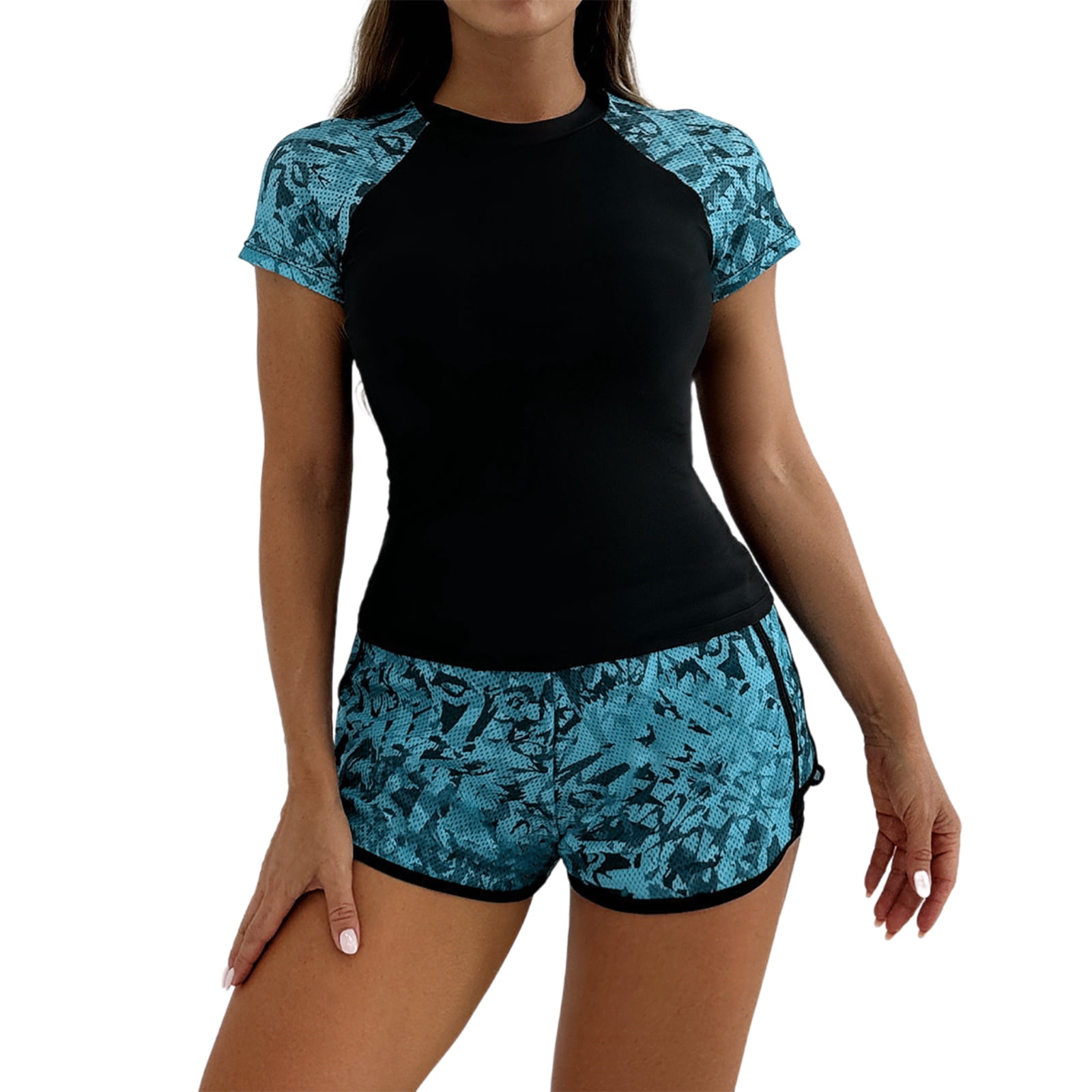 Women Rushguard Swimsuit 2 Piece Athletic Swimsuit Set Short Sleeve ...