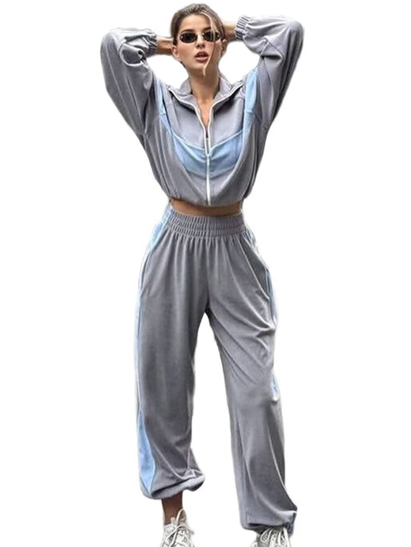 Women'S 2 Piece Lounge Outfits Zip Up Sweat Set Contrast Striped Wide ...