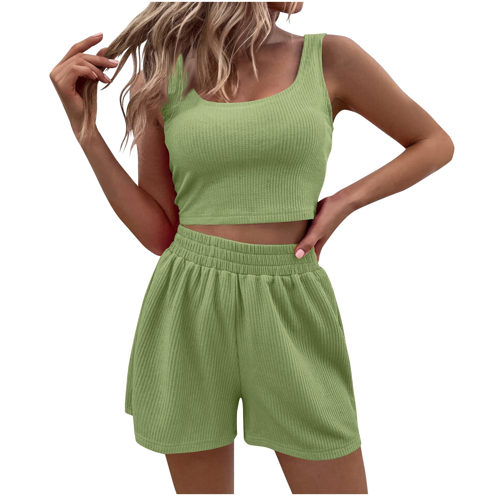 Women'S 2 Piece Outfits Spring 2 Piece Ribbed Crop Tank Tops and Shorts ...